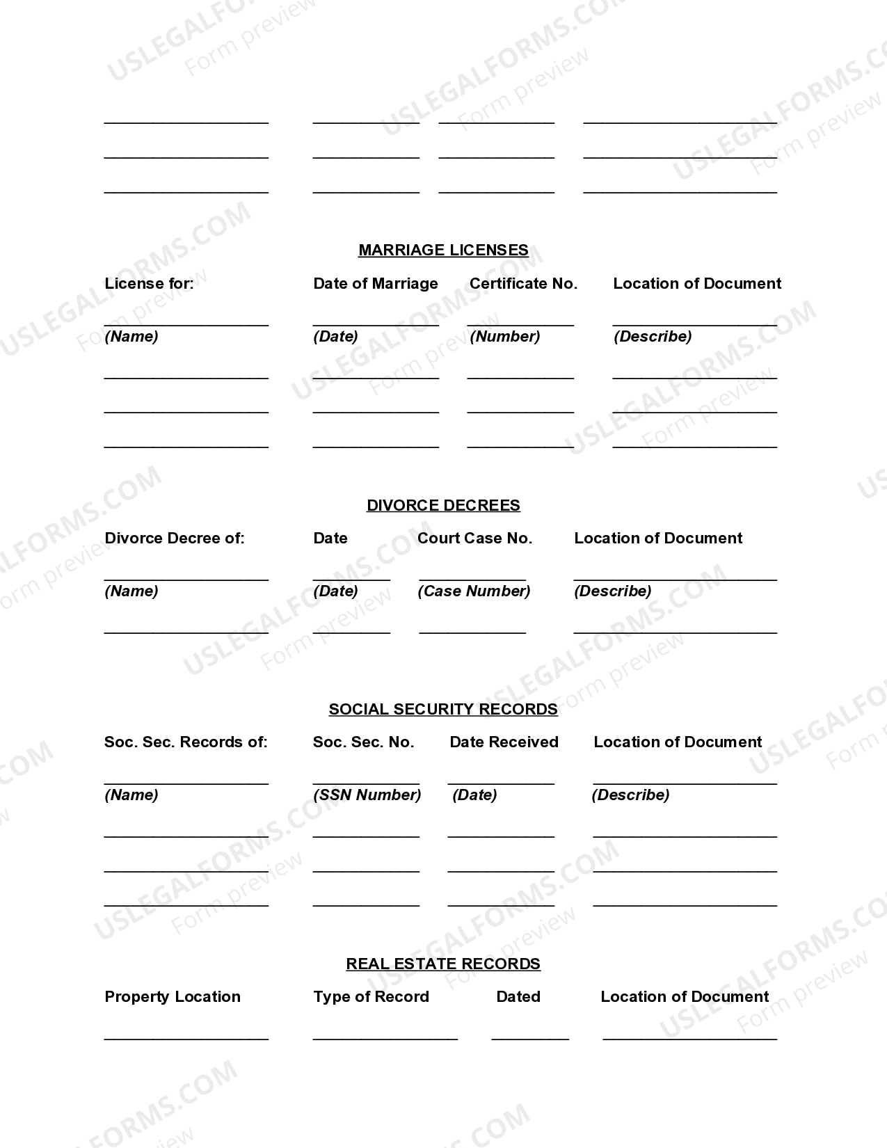Texas Worksheet for Location of Important Documents | US Legal Forms
