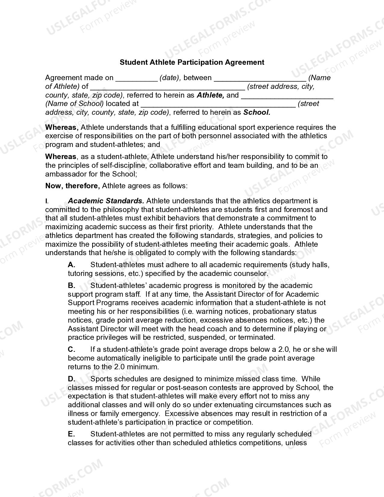 Florida Student Athlete Participation Agreement | US Legal Forms