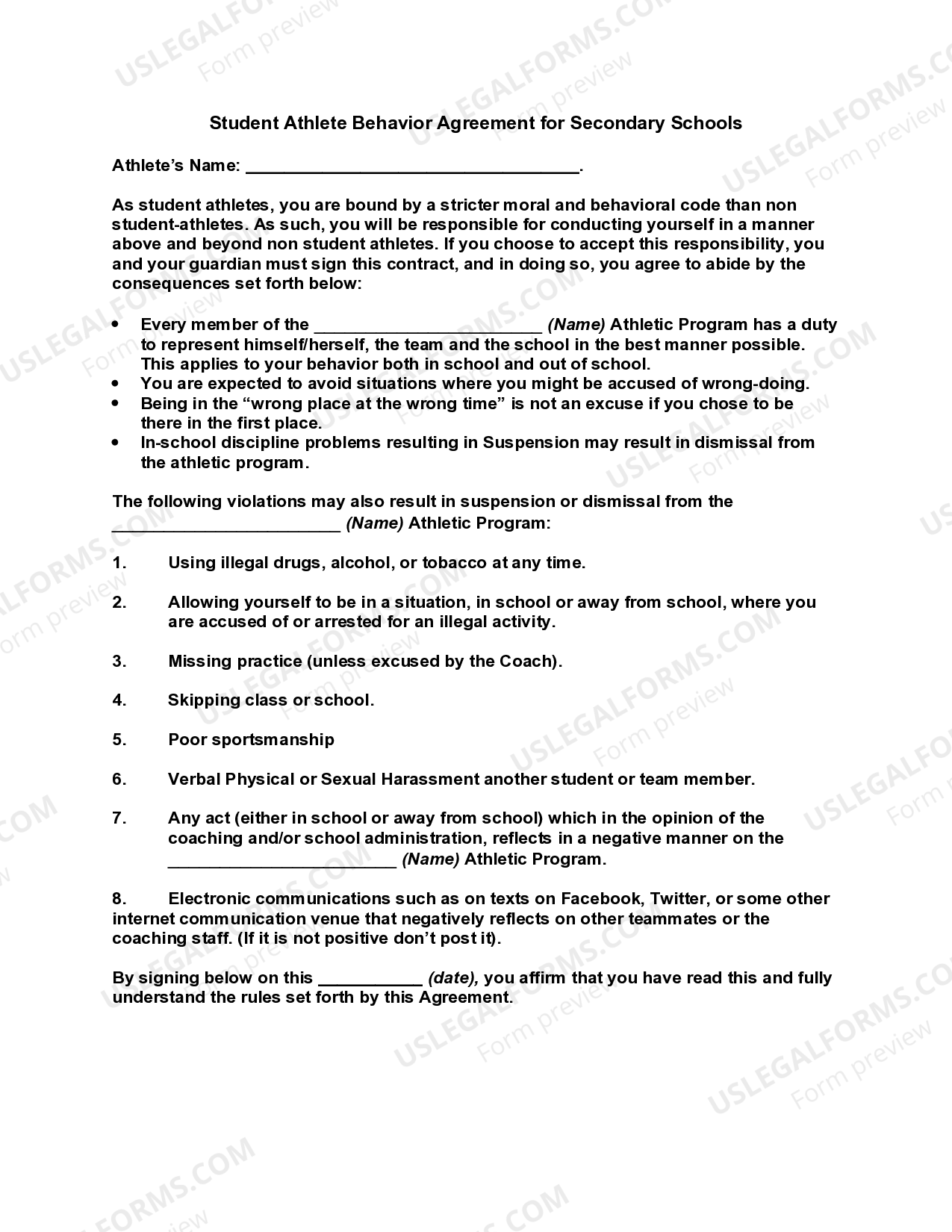 Tennessee Student Athlete Behavior Agreement for Secondary Schools - Student Athlete Behavior ...