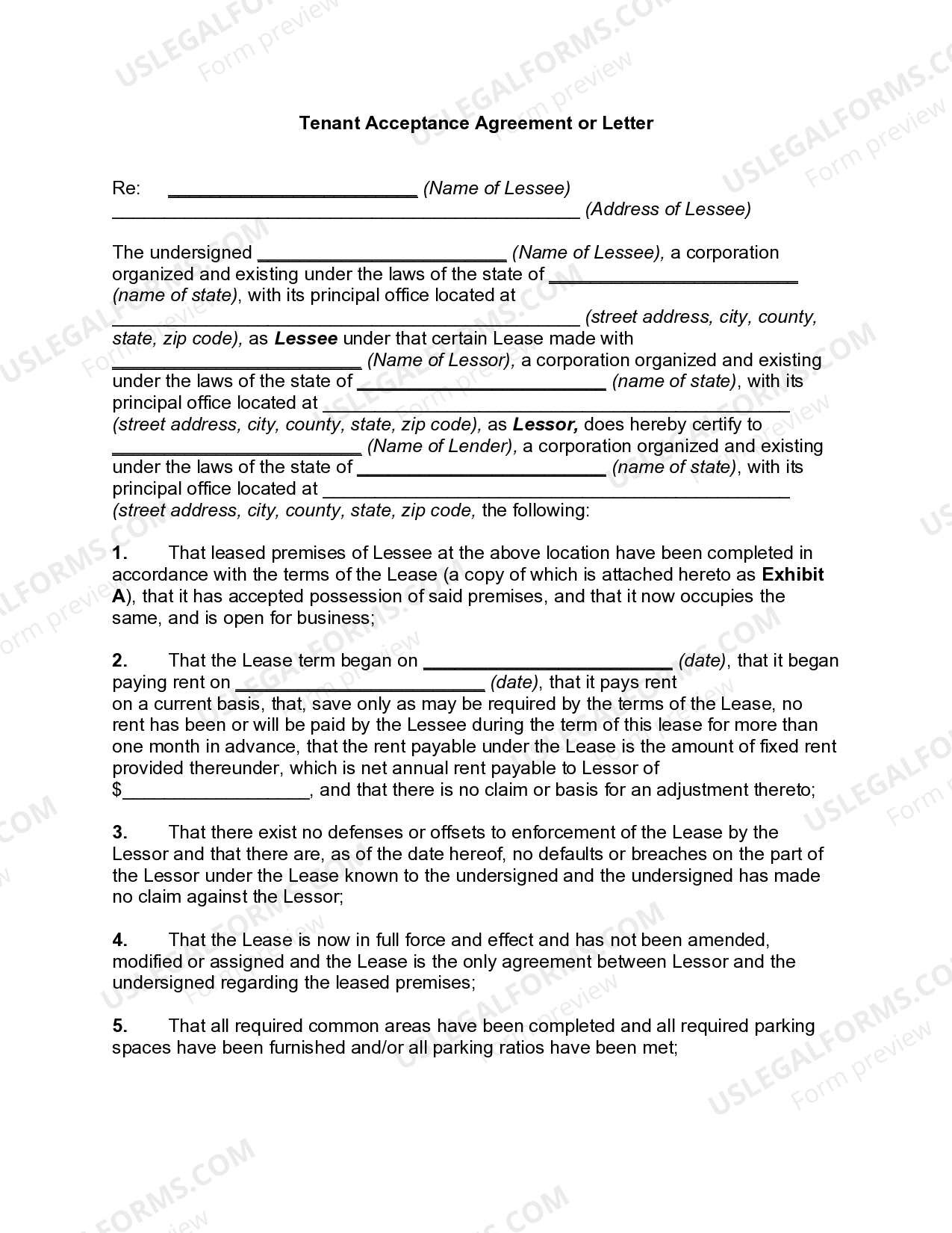 Tennessee Tenant Acceptance Agreement or Letter | US Legal Forms