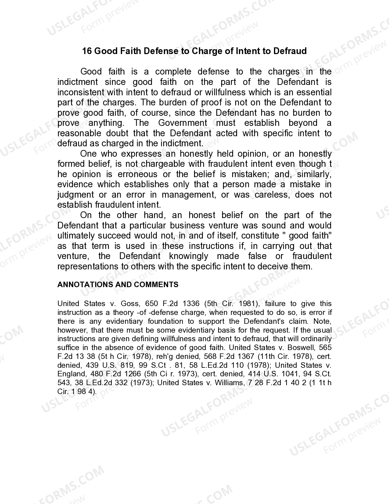 Jury Instruction - Good Faith Defense To Charge Of Intent To Defraud ...