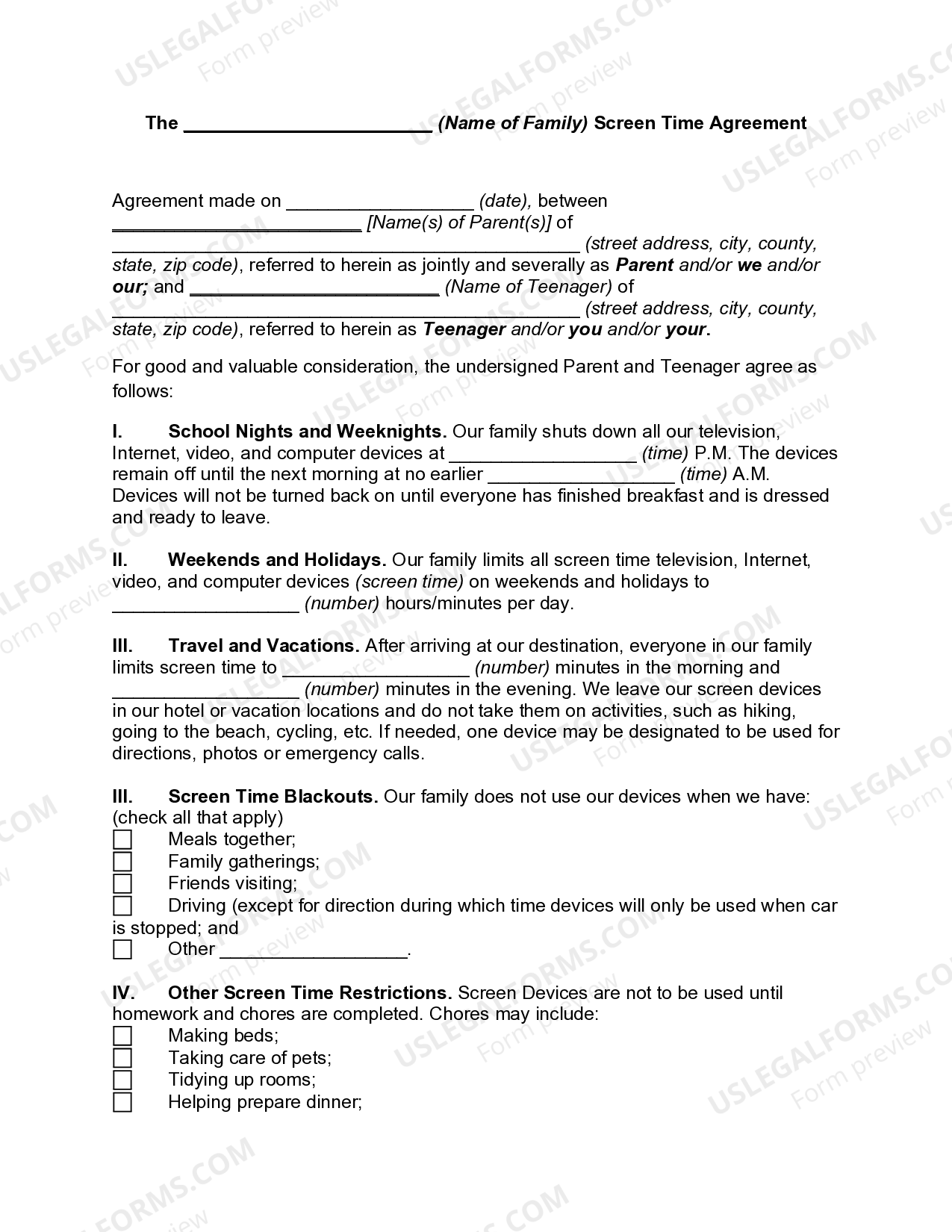 Oklahoma The (Name of Family) Screen Time Agreement | US Legal Forms