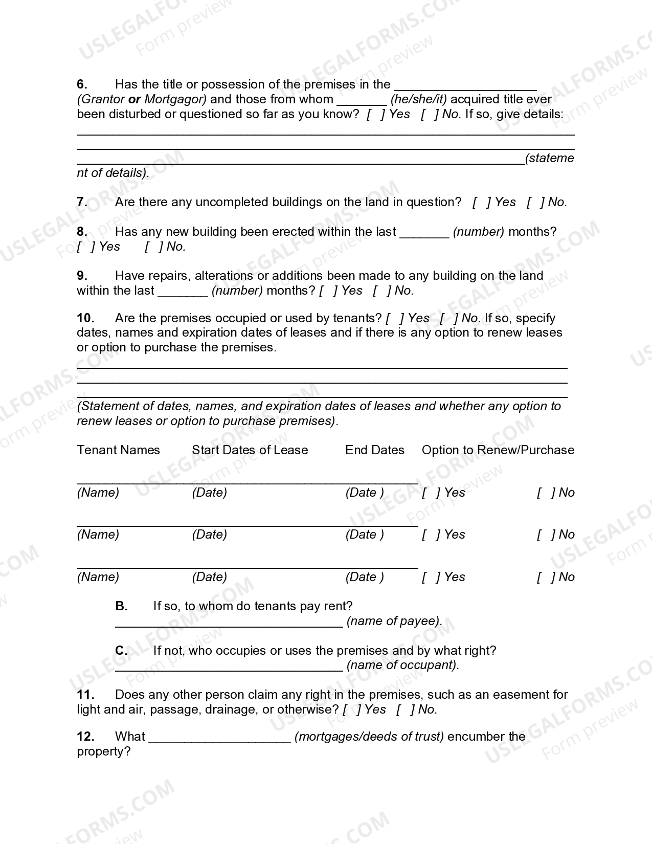 Questionnaire to Secure Initial Data for Title Search | US Legal Forms