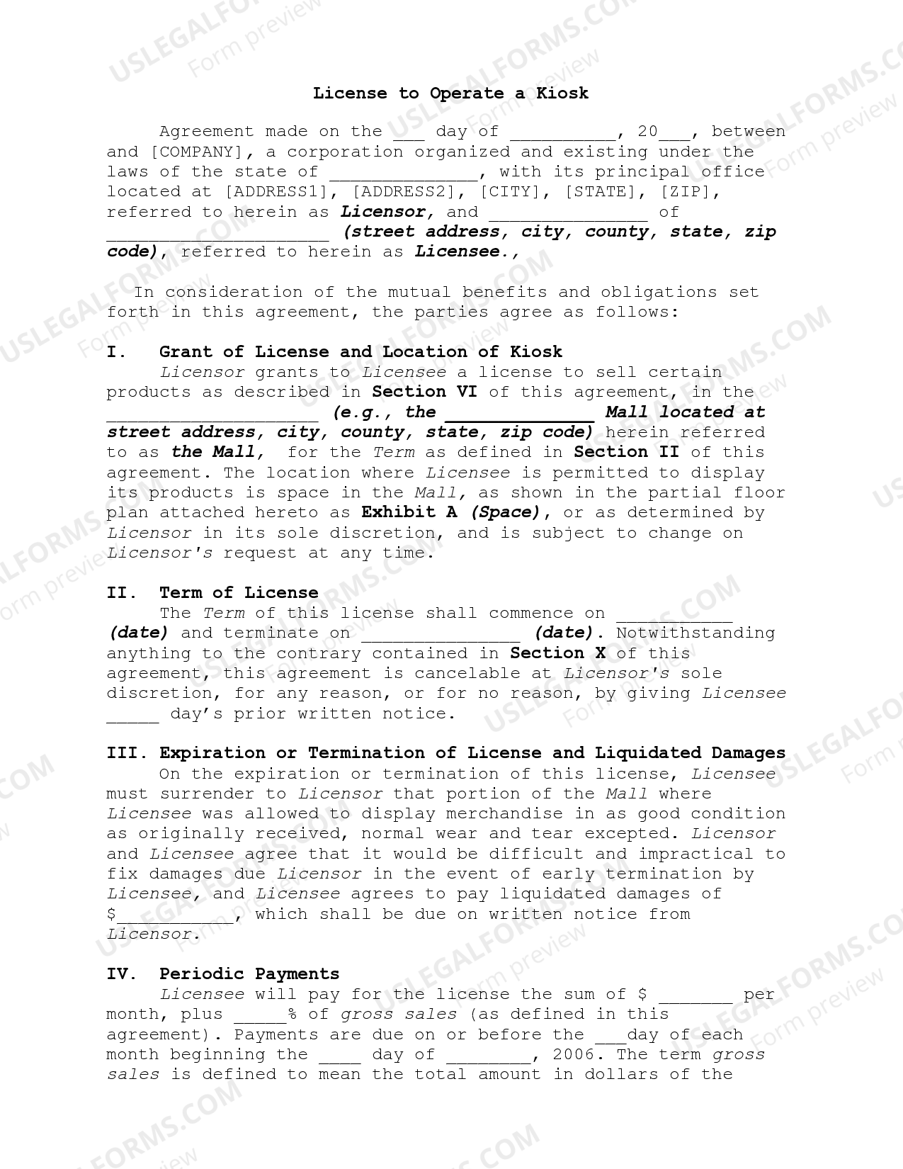 License to Operate a Kiosk | US Legal Forms