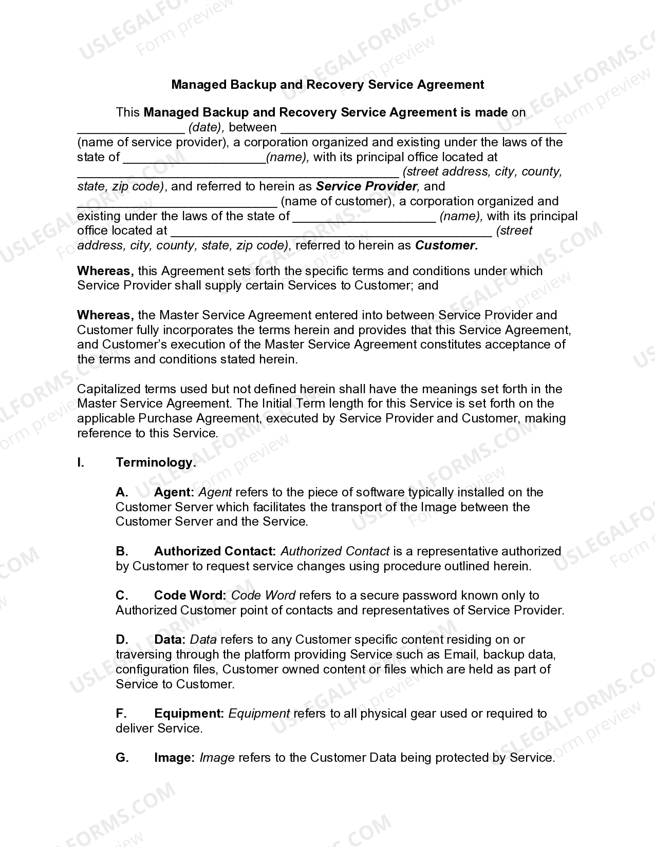Florida Managed Backup and Recovery Service Agreement | US Legal Forms