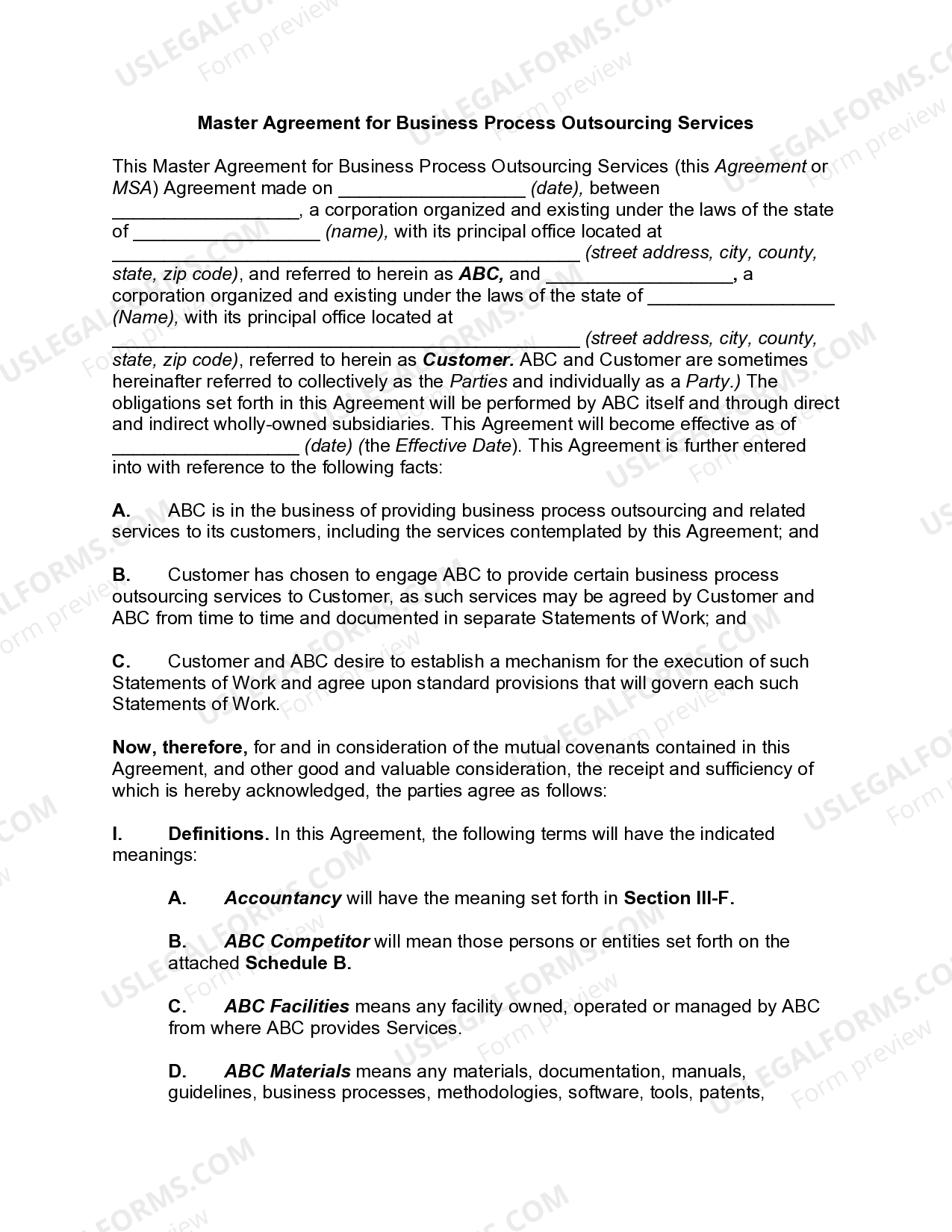 Master Agreement for Business Process Outsourcing Services | US Legal Forms