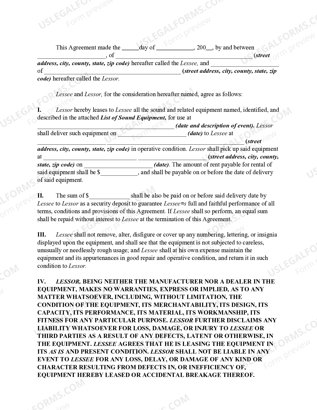 Sound Equipment Rental Agreement (Lease) | US Legal Forms