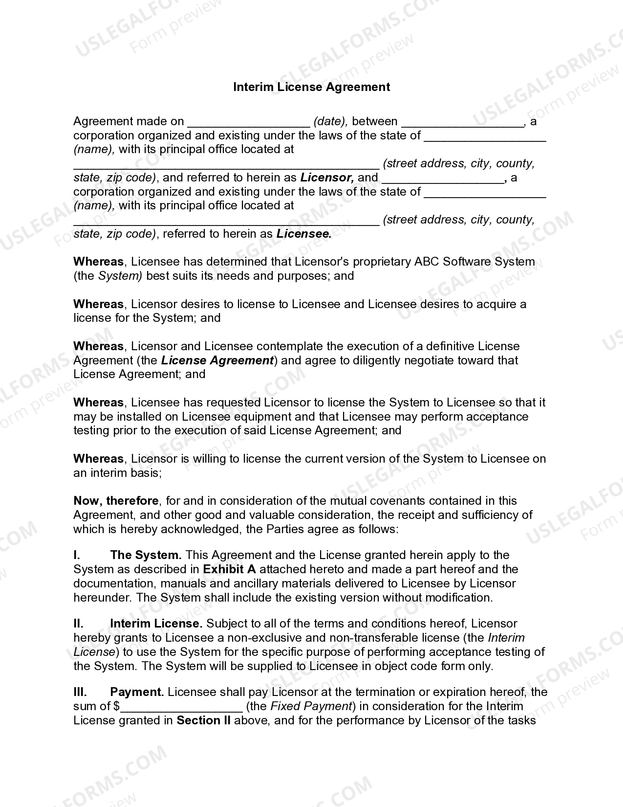 New York Interim License Agreement | US Legal Forms