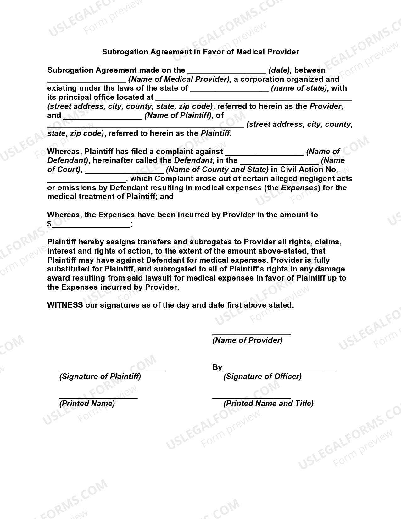 Subrogation Agreement in Favor of Medical Provider - Subrogation ...