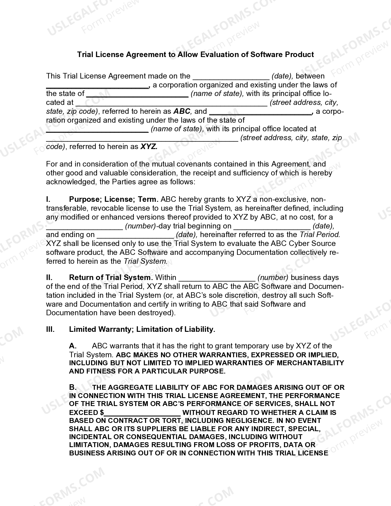 Pennsylvania Trial License Agreement to Allow Evaluation of Software Product | US Legal Forms