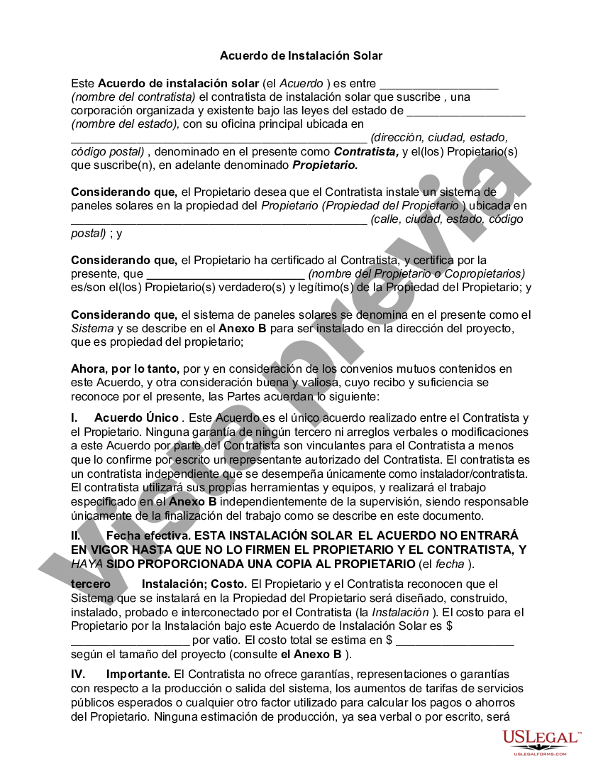 Acuerdo de Instalación Solar | US Legal Forms