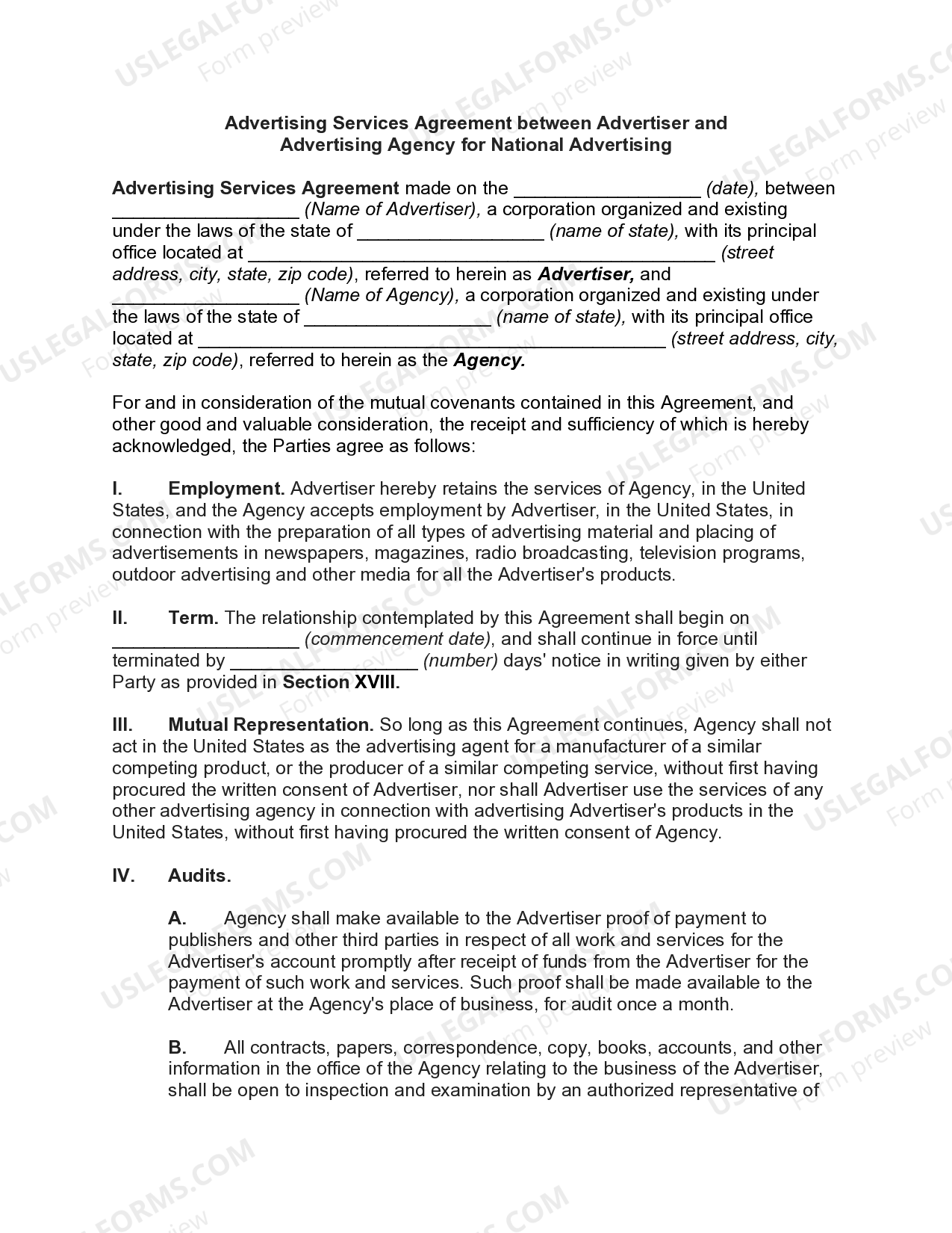 Texas Advertising Services Agreement between Advertiser and Adertising ...