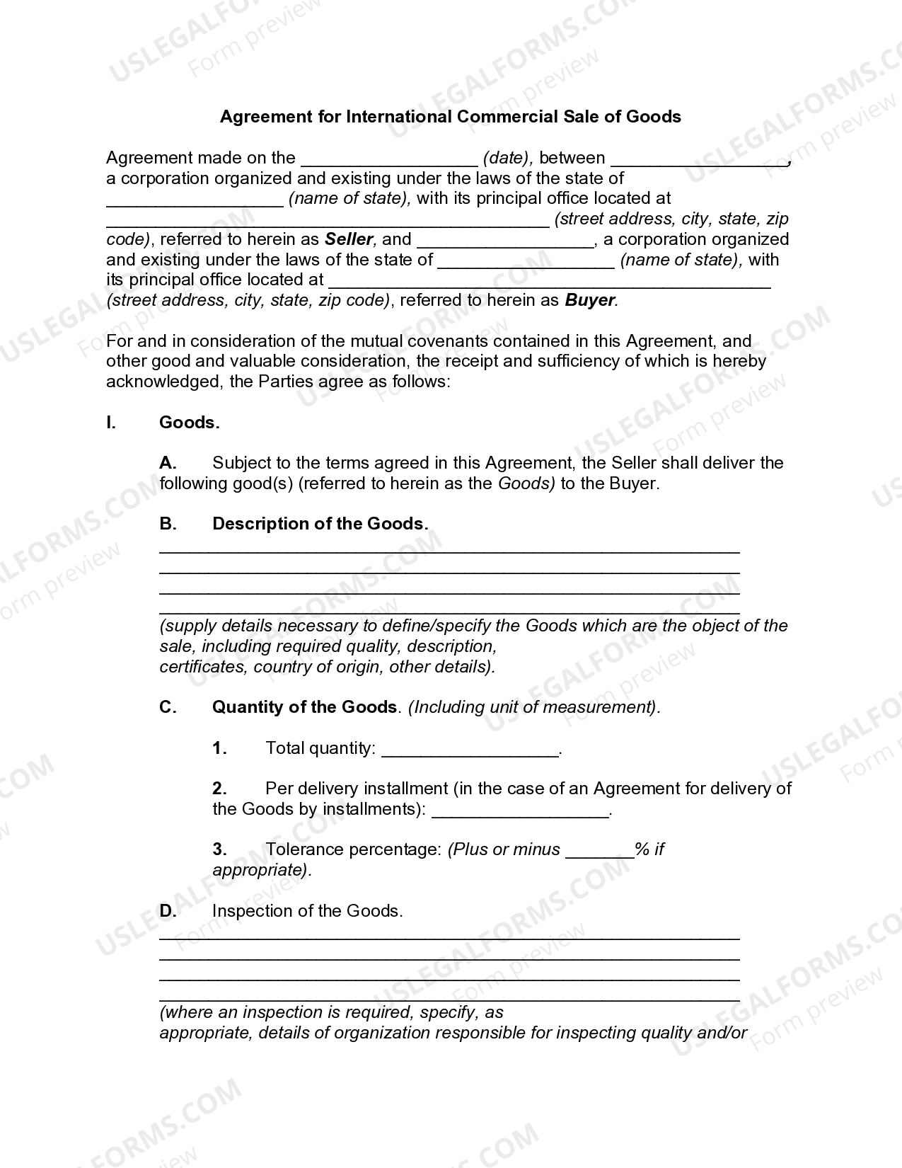 Arizona Agreement for International Commercial Sale of Goods | US Legal ...