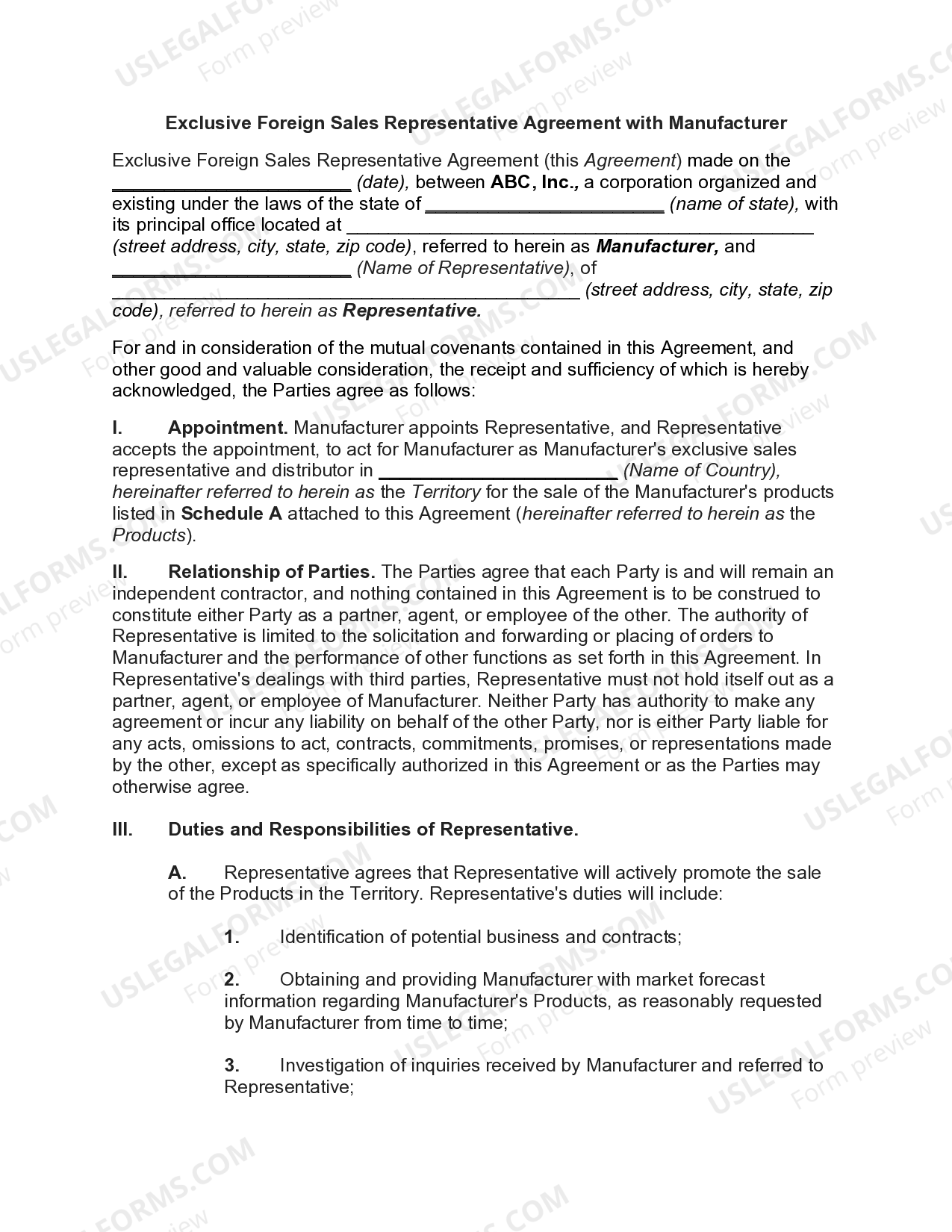 Exclusive Foreign Sales Representative Agreement with Manufacturer ...