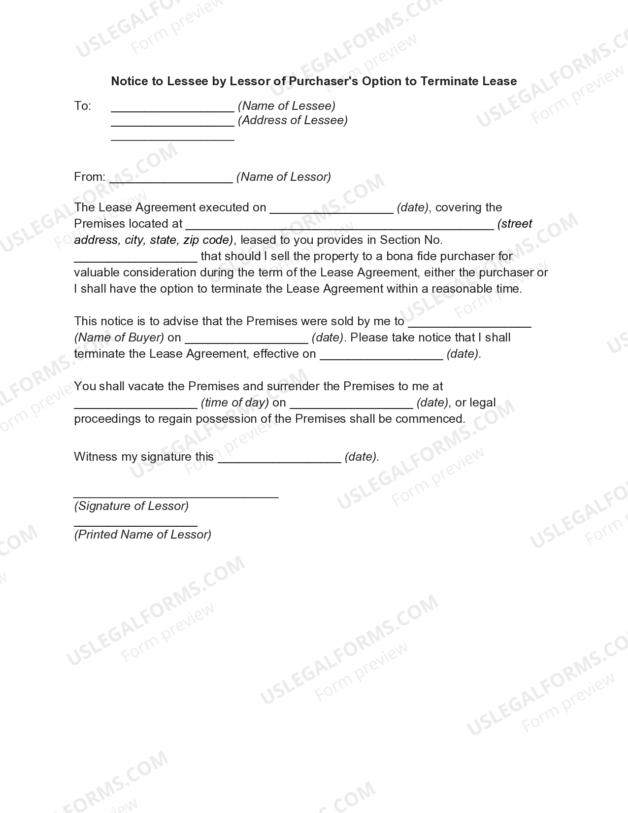 Alaska Notice to Lessee by Lessor of Purchaser's Option to Terminate ...