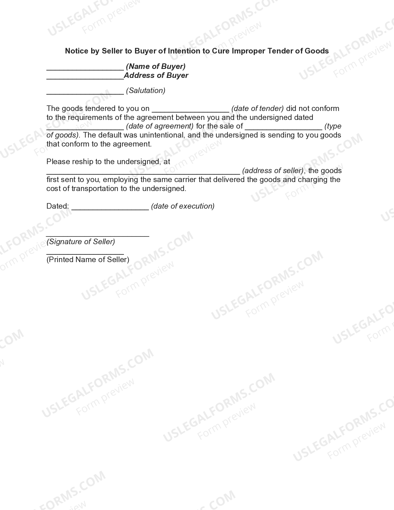Notice by Seller to Buyer of Intention to Cure Improper Tender of Goods ...