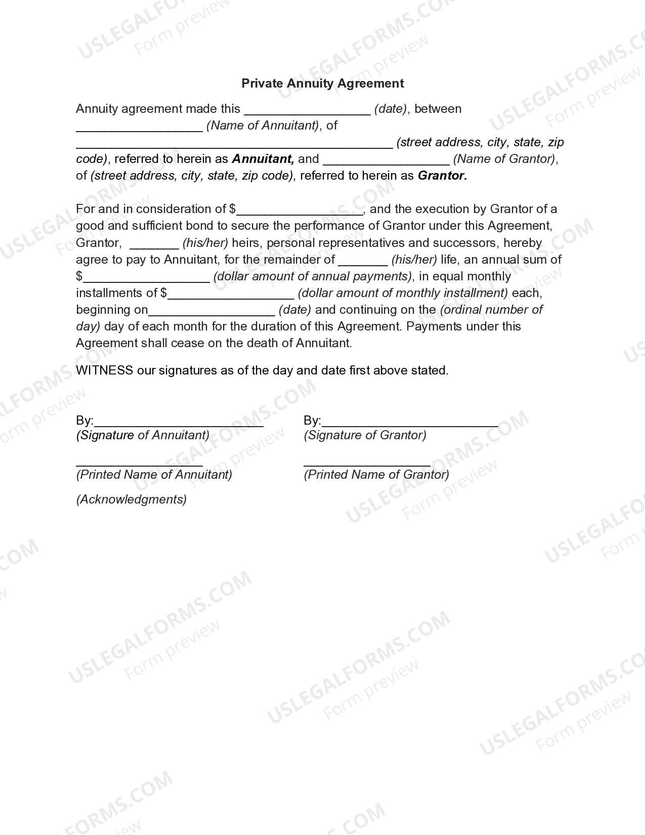 Florida Private Annuity Agreement - Private Annuity Agreement | US ...