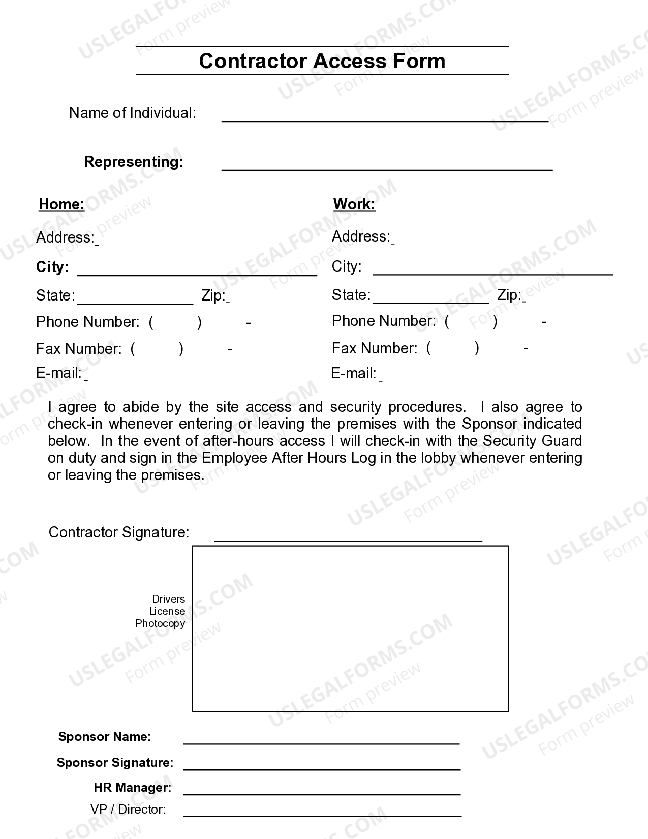 Pennsylvania Contractor Access Form | US Legal Forms