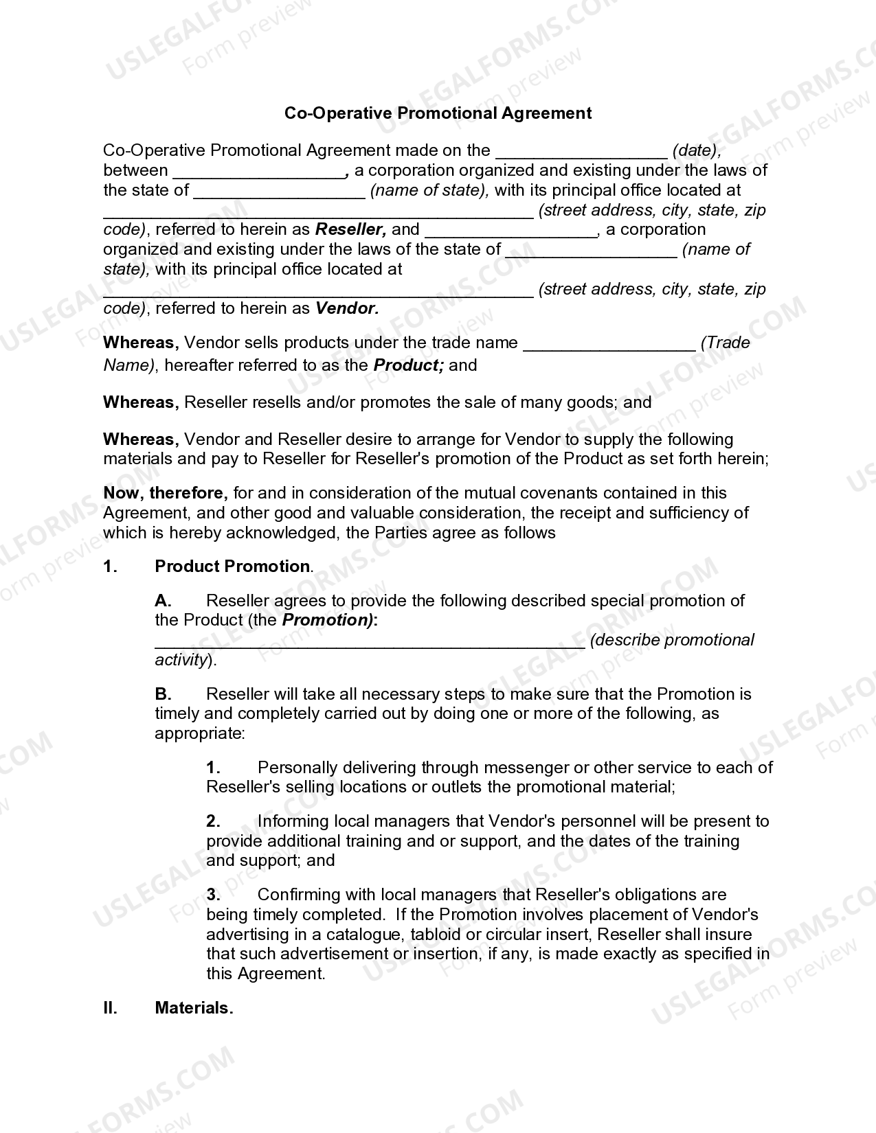 Louisiana Co-Operative Promotional Agreement | US Legal Forms
