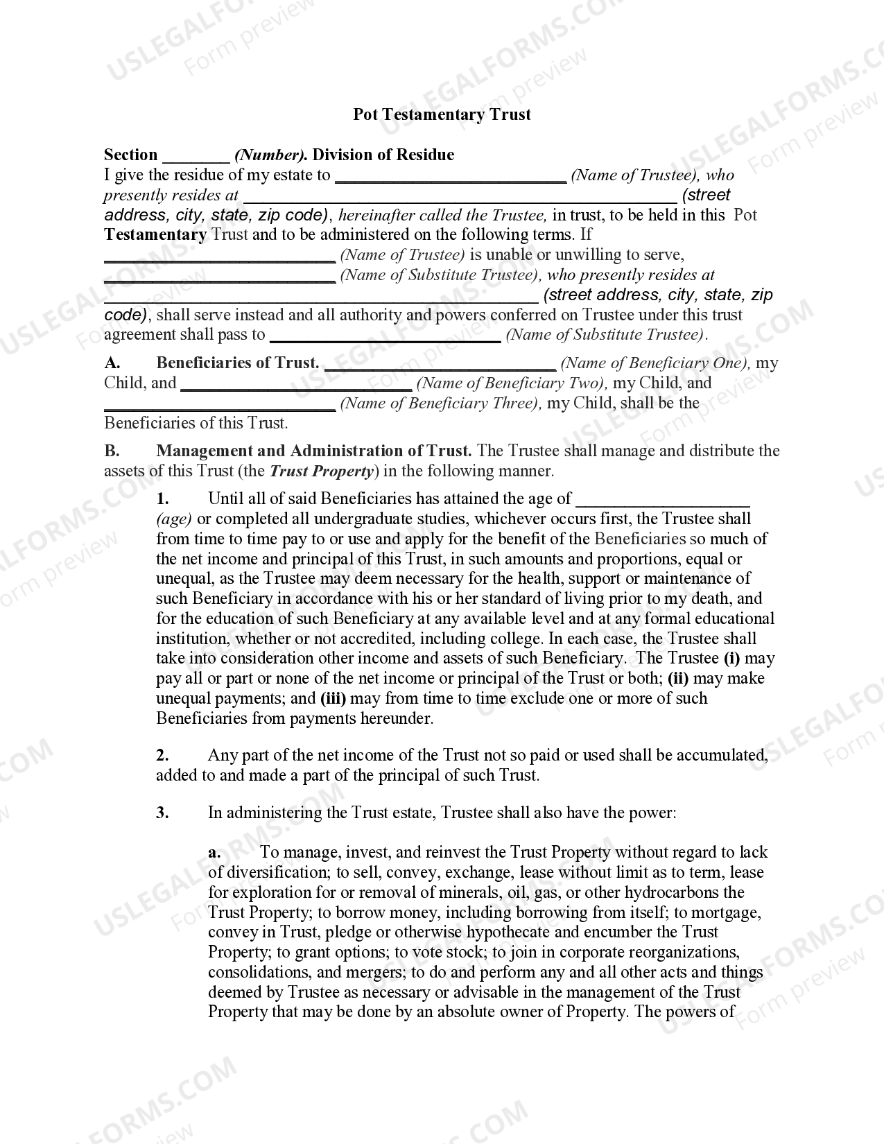 Virginia Pot Testamentary Trust | US Legal Forms