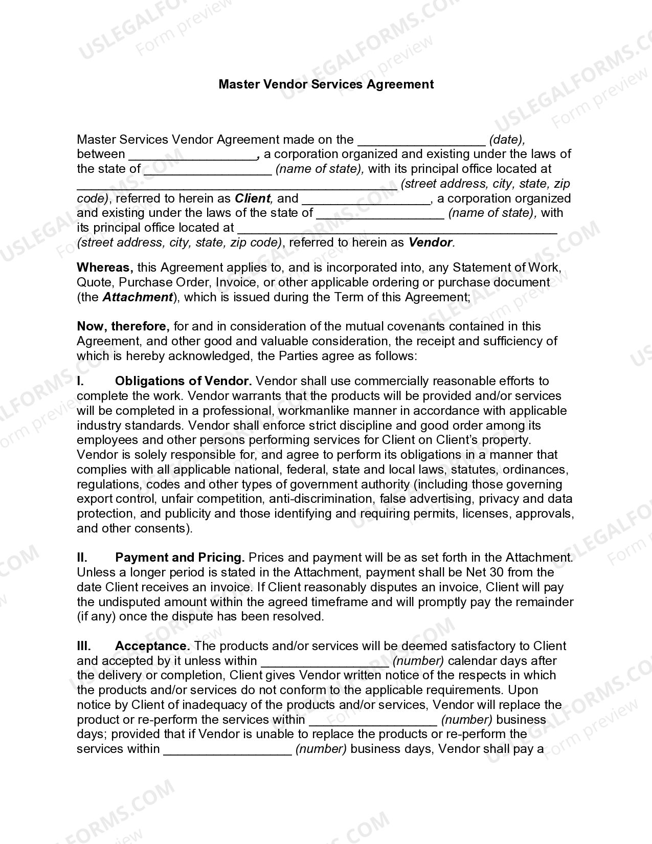 Master Vendor Services Agreement - Master Vendor Agreement | US Legal Forms