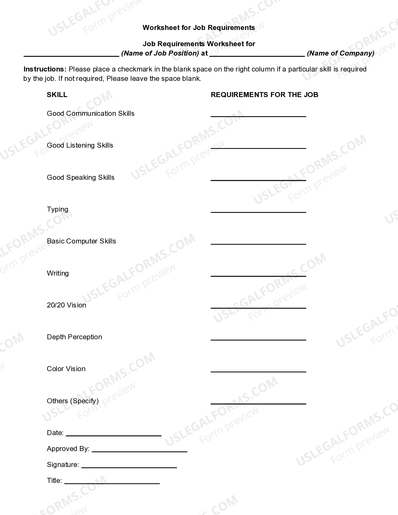 Nevada Worksheet for Job Requirements | US Legal Forms