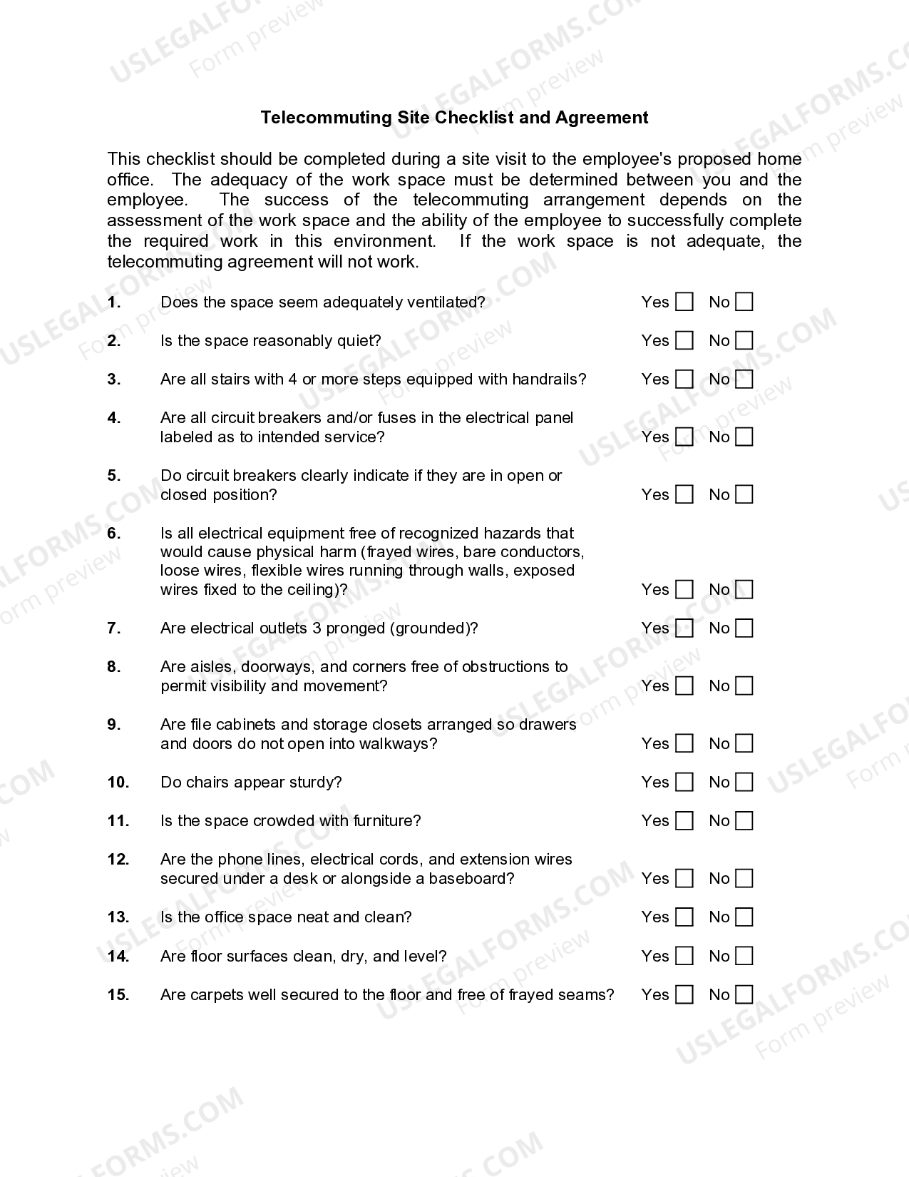 Telecommuting Checklist Agreement Form | US Legal Forms