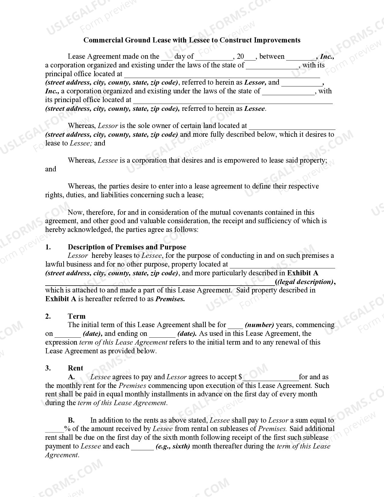 Commercial Ground Lease with Lessee to Construct Improvements ...
