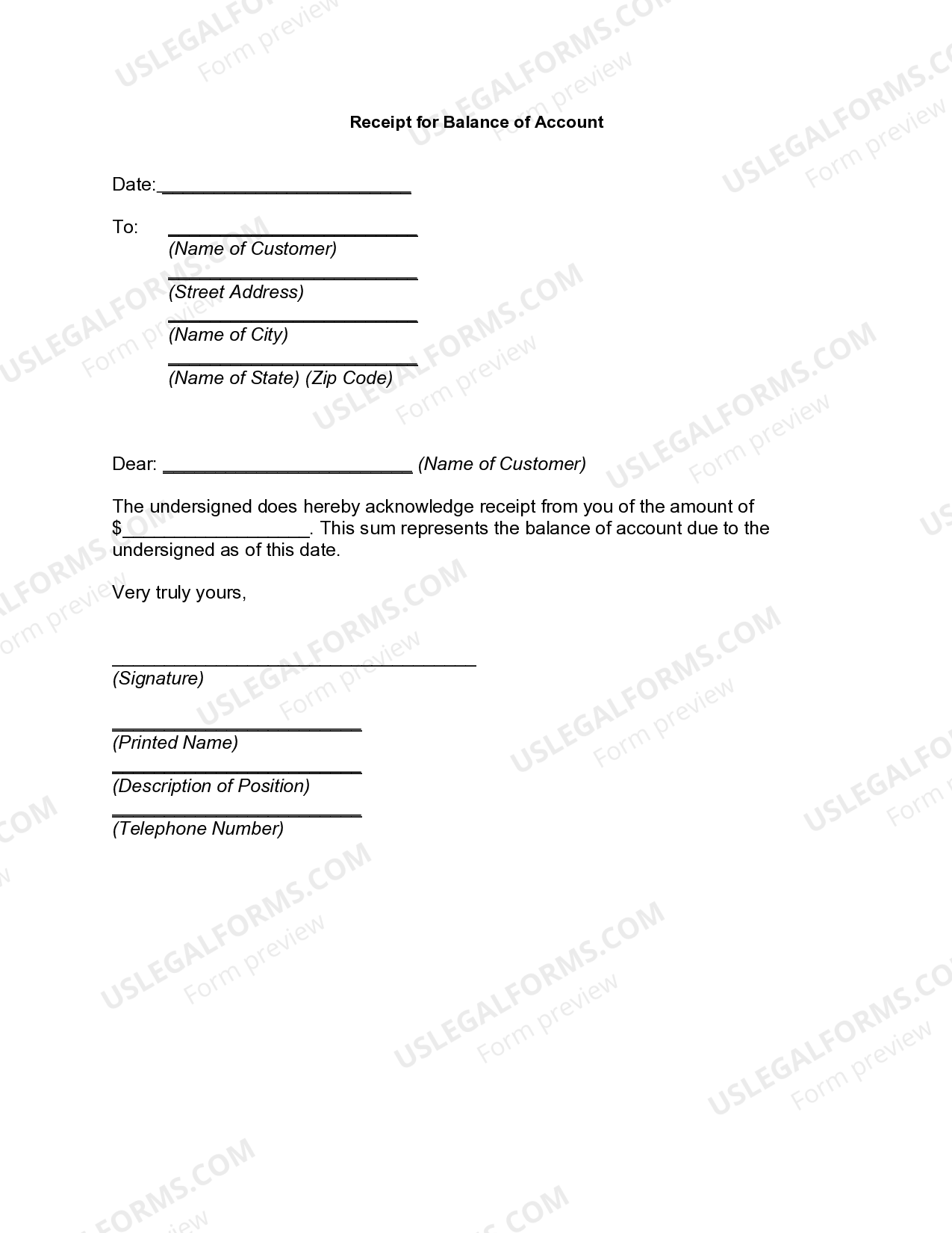 Illinois Receipt for Balance of Account - Receipt For | US Legal Forms
