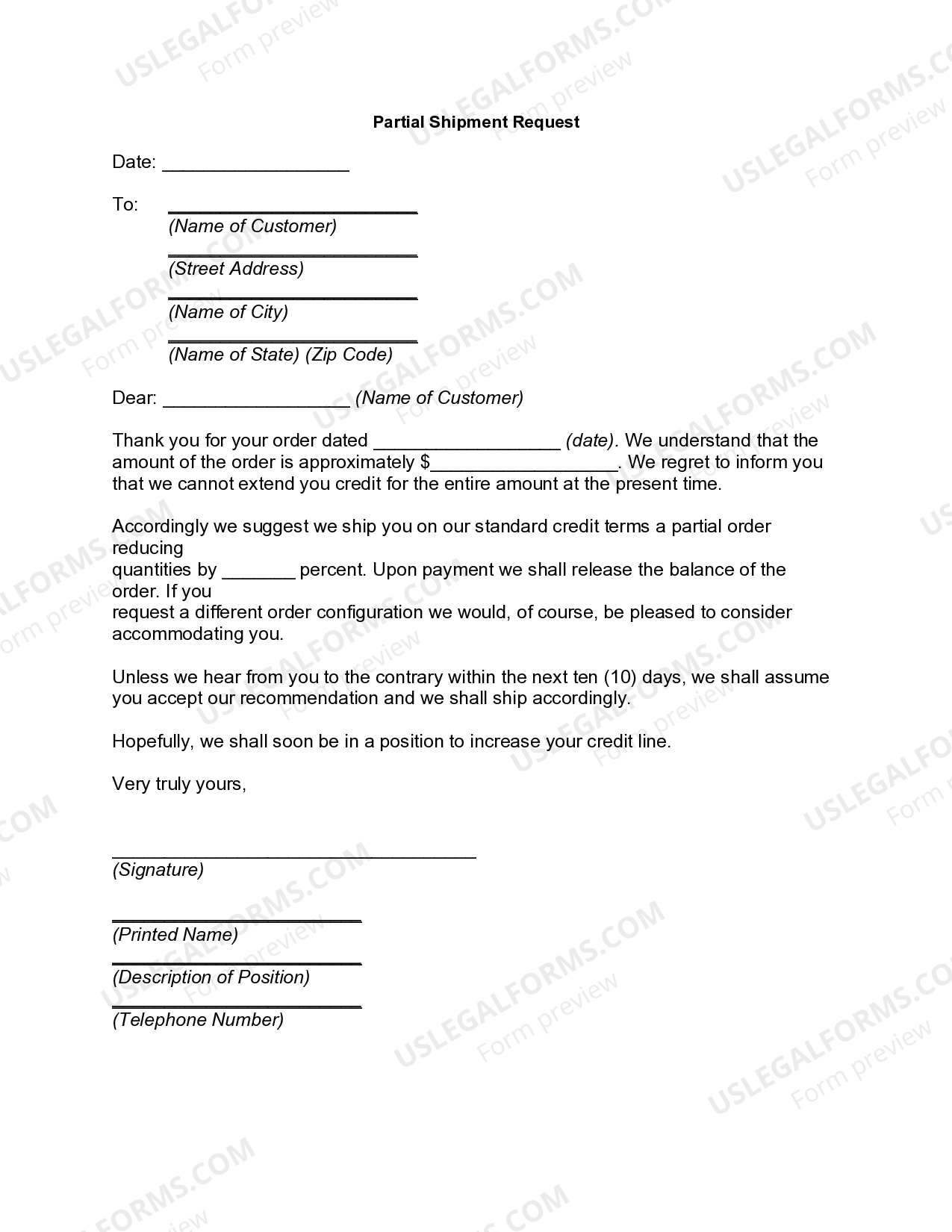 Rhode Island Partial Shipment Request | US Legal Forms
