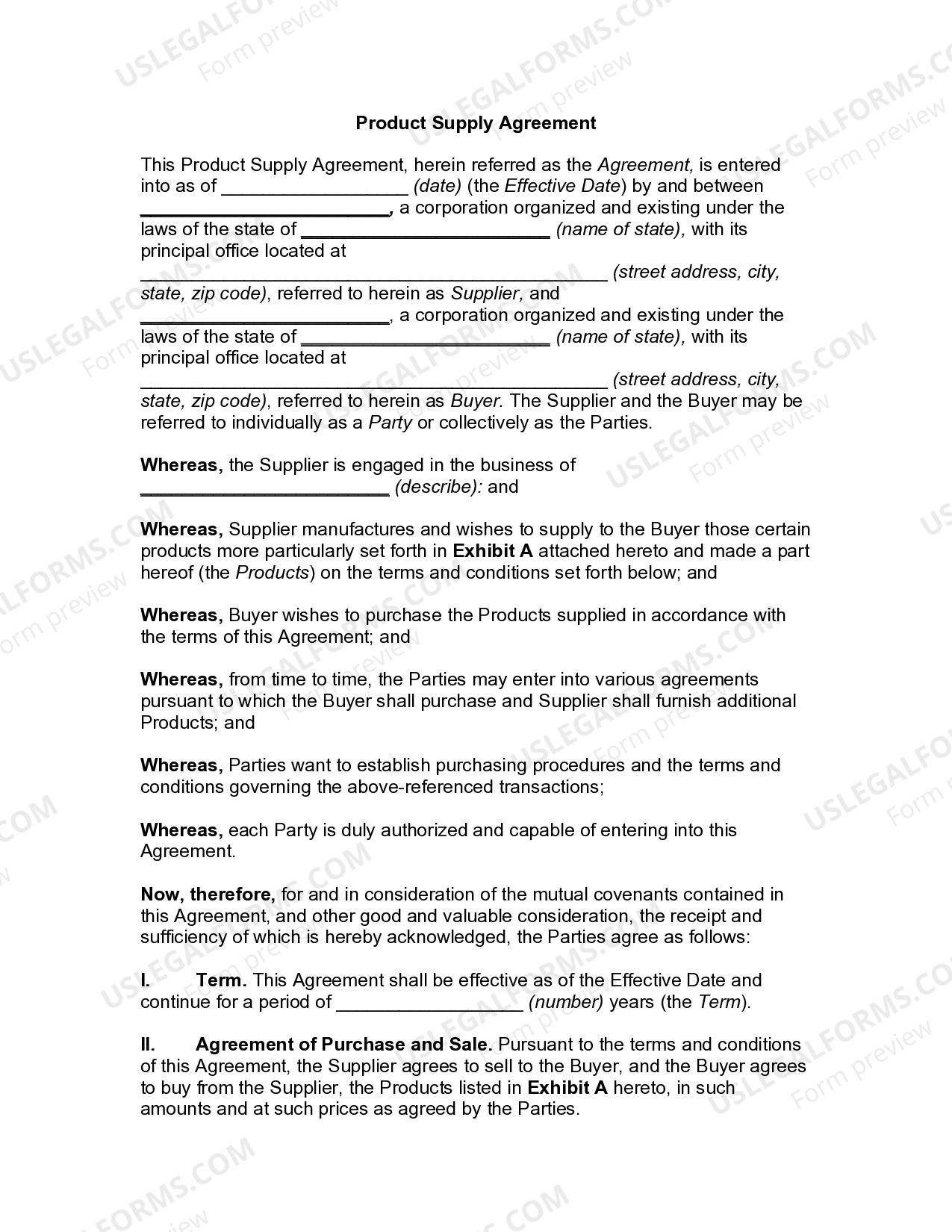 Product Supply Agreement Sample For Water | US Legal Forms