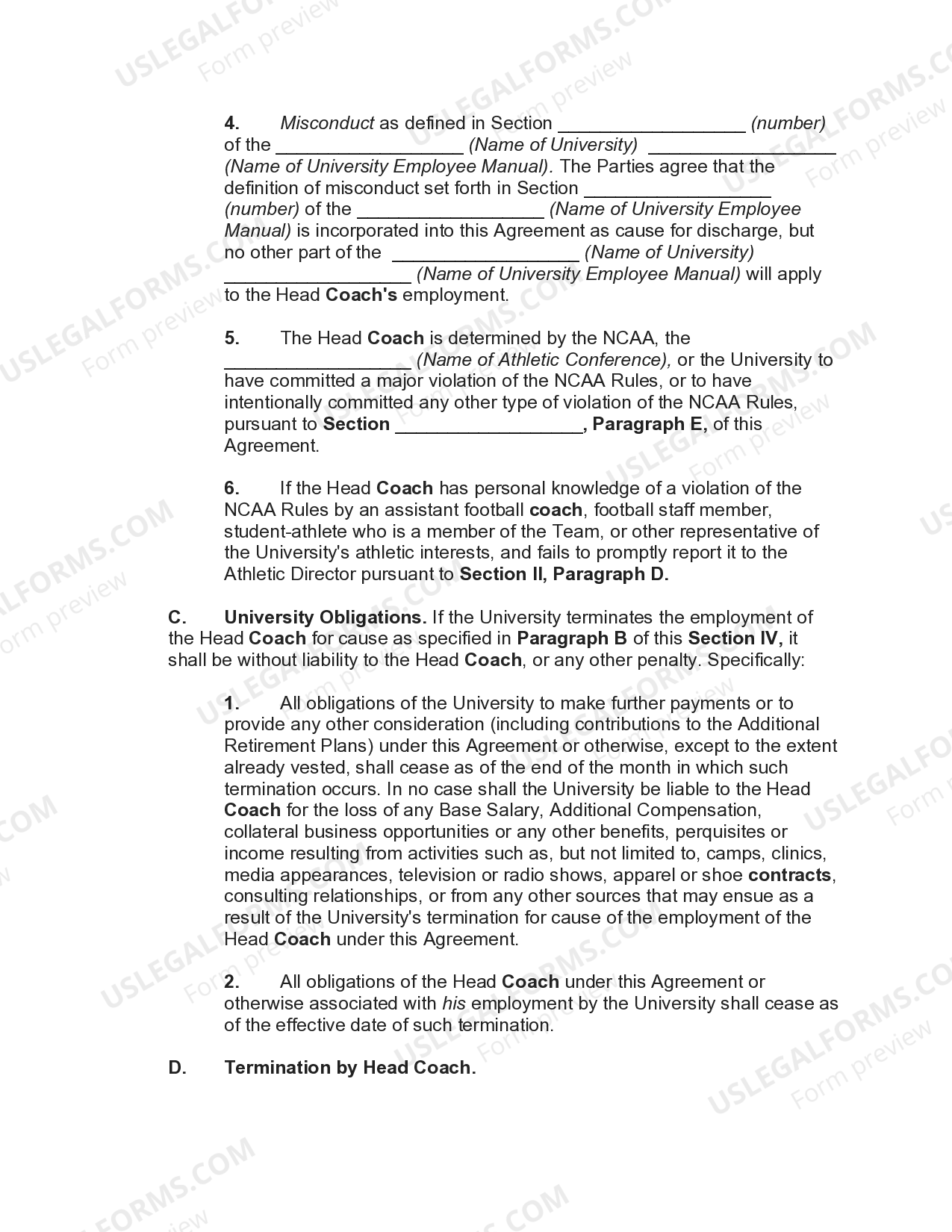 Employment Agreement with Head Coach of University Football Team | US ...