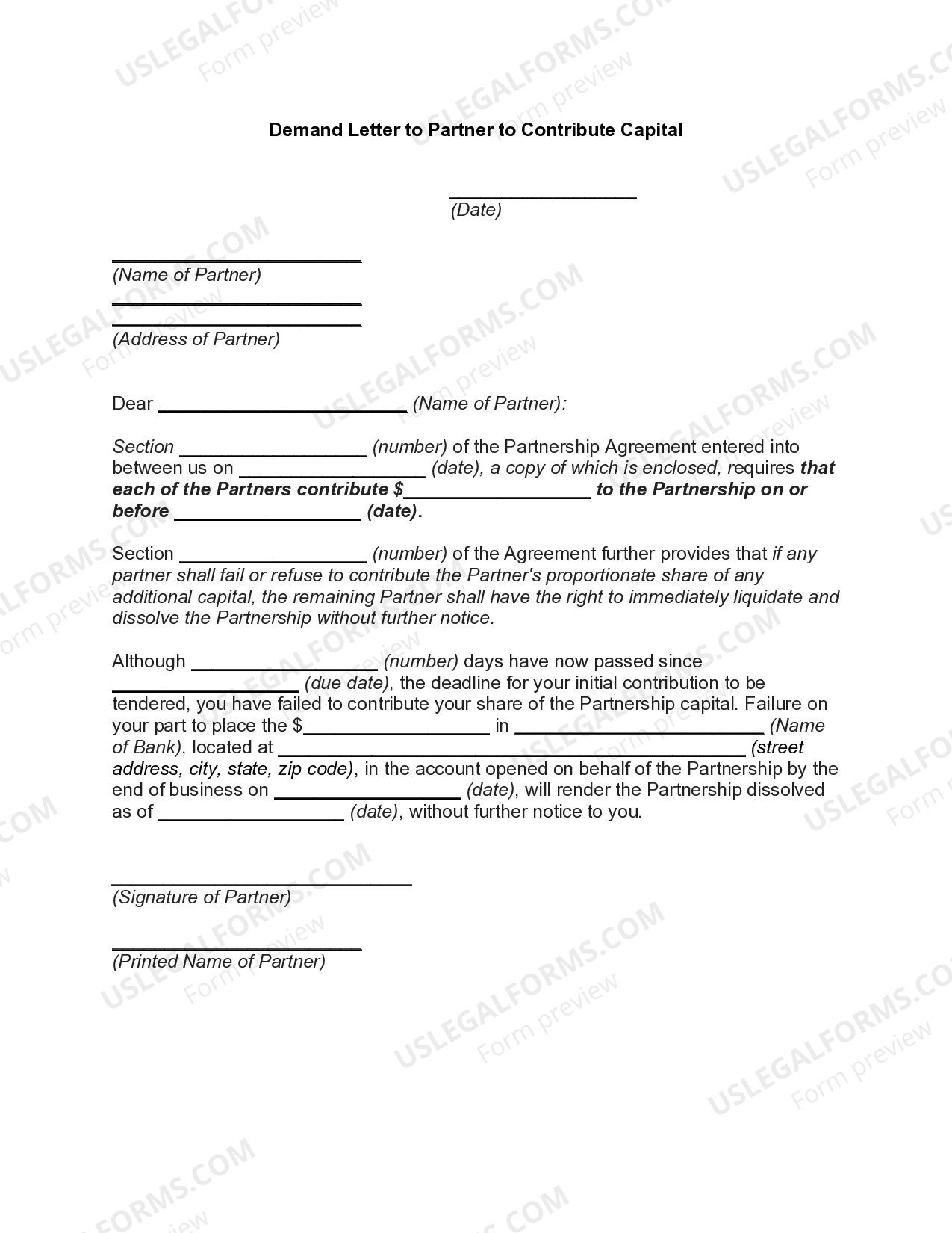 Florida Demand Letter to Partner to Contribute Capital | US Legal Forms