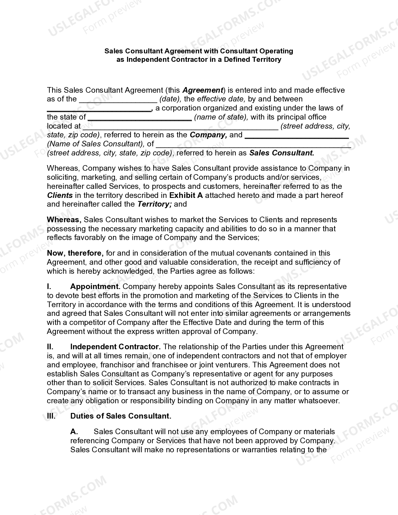 Sales Consultant Agreement with Consultant Operating as Independent ...