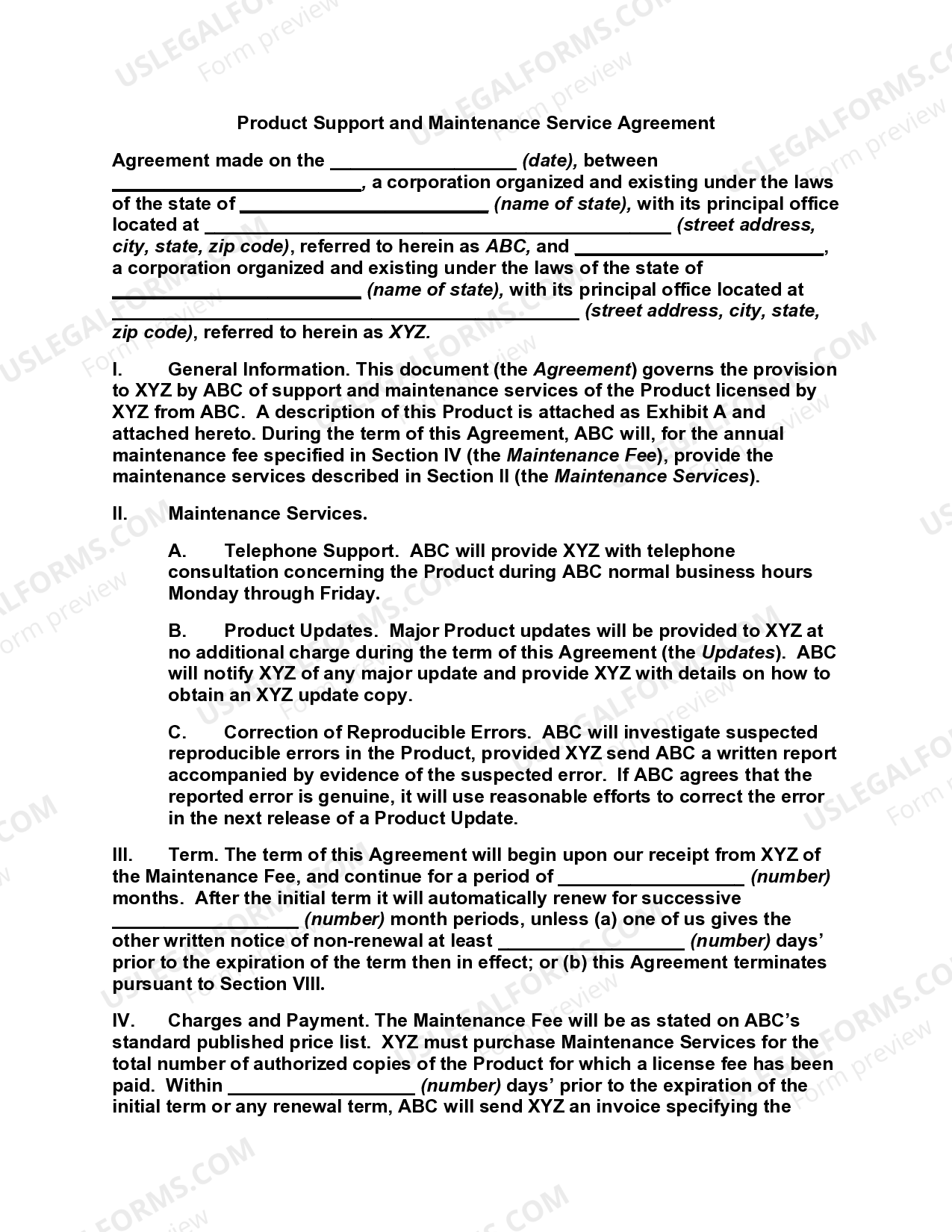 Tennessee Product Support and Maintenance Service Agreement | US Legal ...