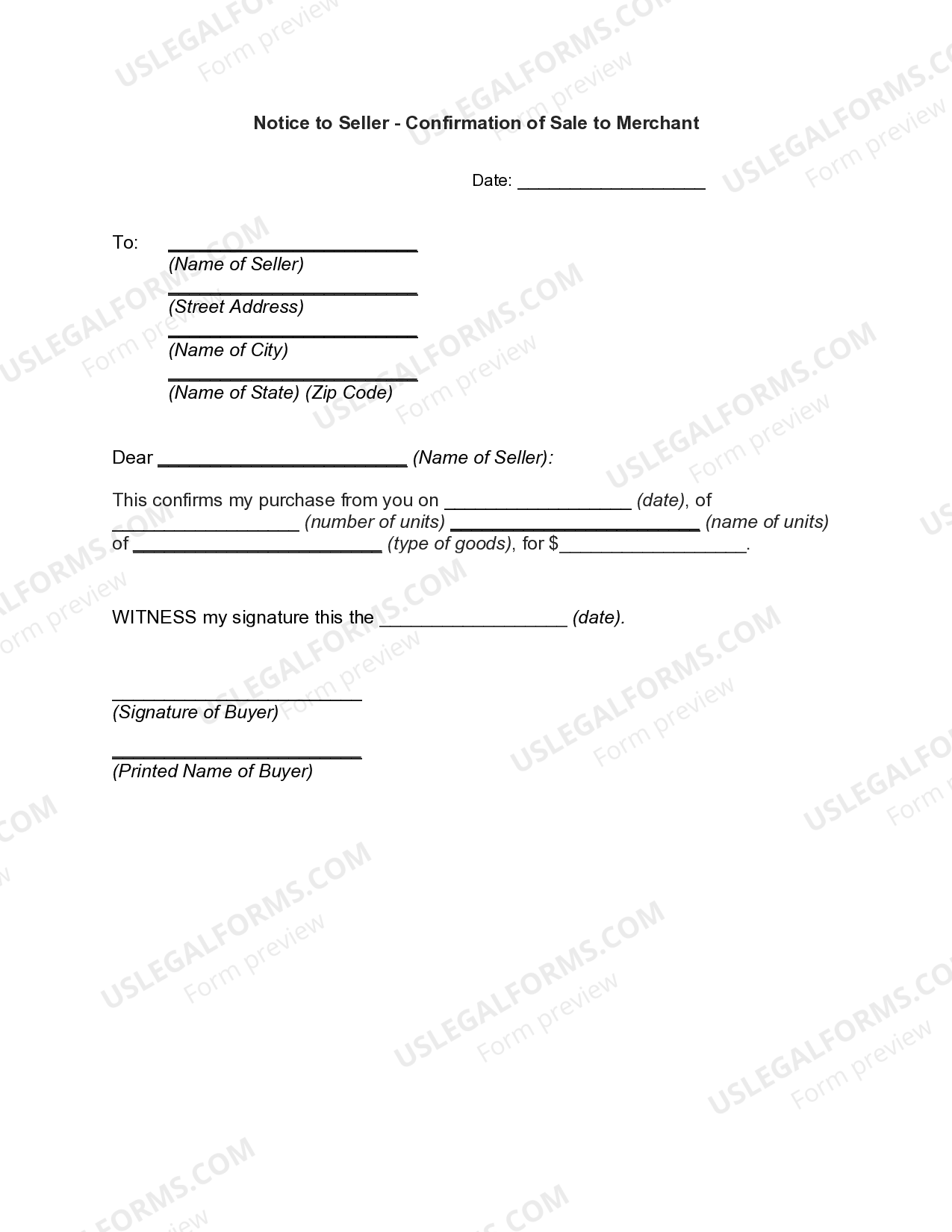 Delaware Notice to Seller - Confirmation of Sale to Merchant | US Legal ...