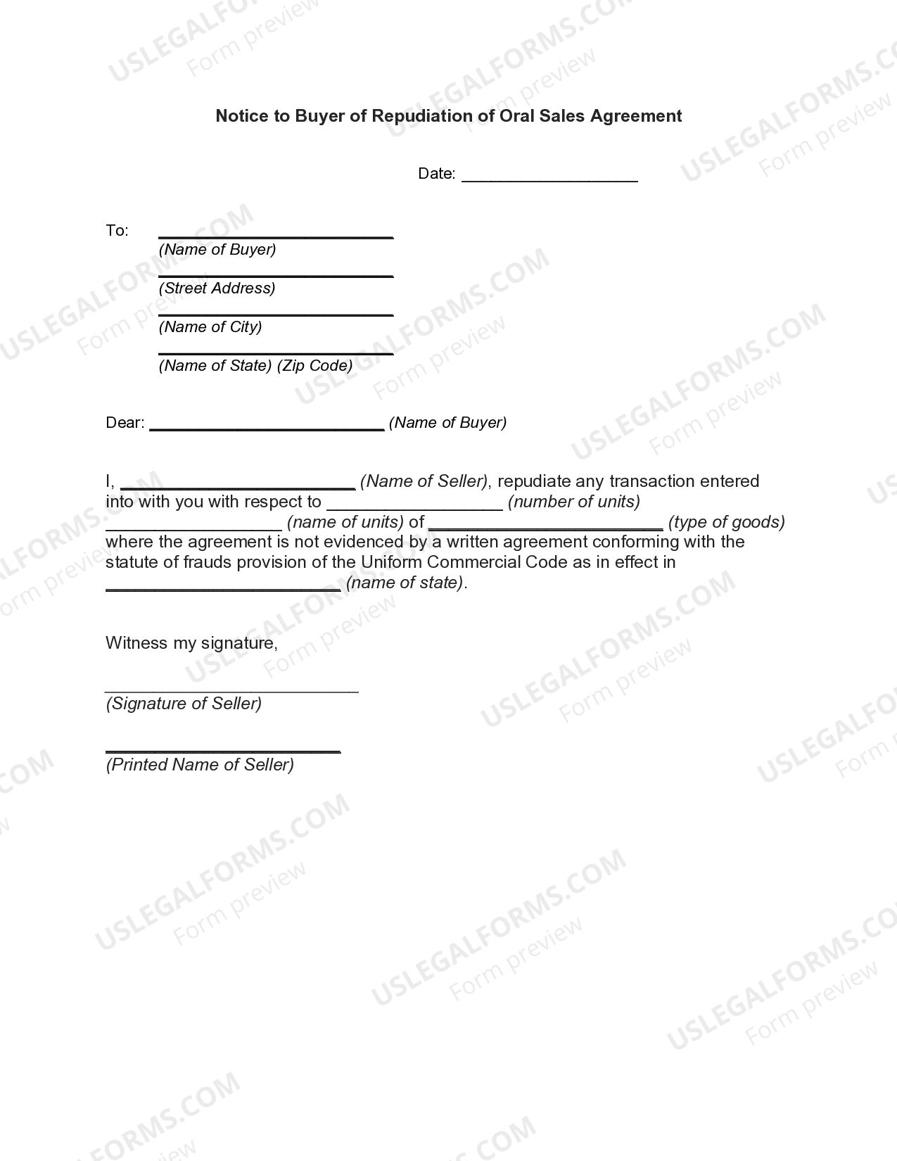 New York Notice to Buyer of Repudiation of Oral Sales Agreement | US ...