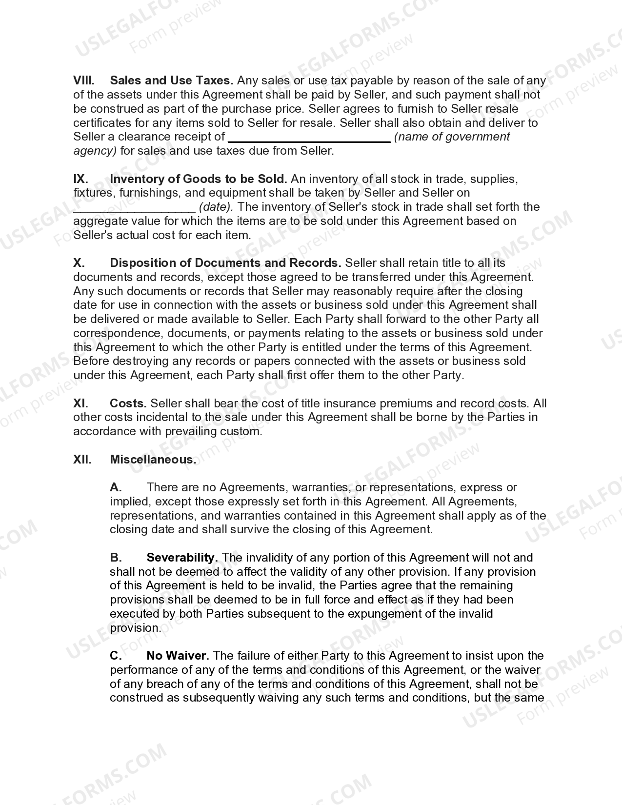 Texas Agreement for Sale of Assets of Corporation | US Legal Forms