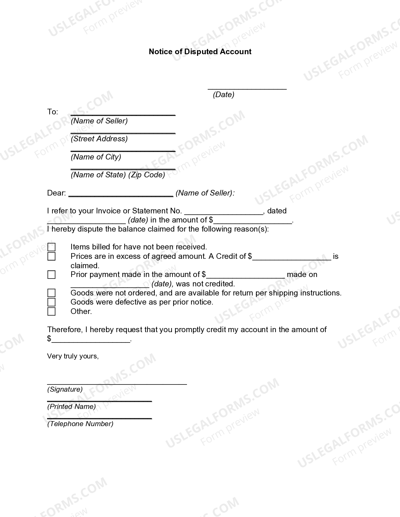 Notice of Disputed Account | US Legal Forms