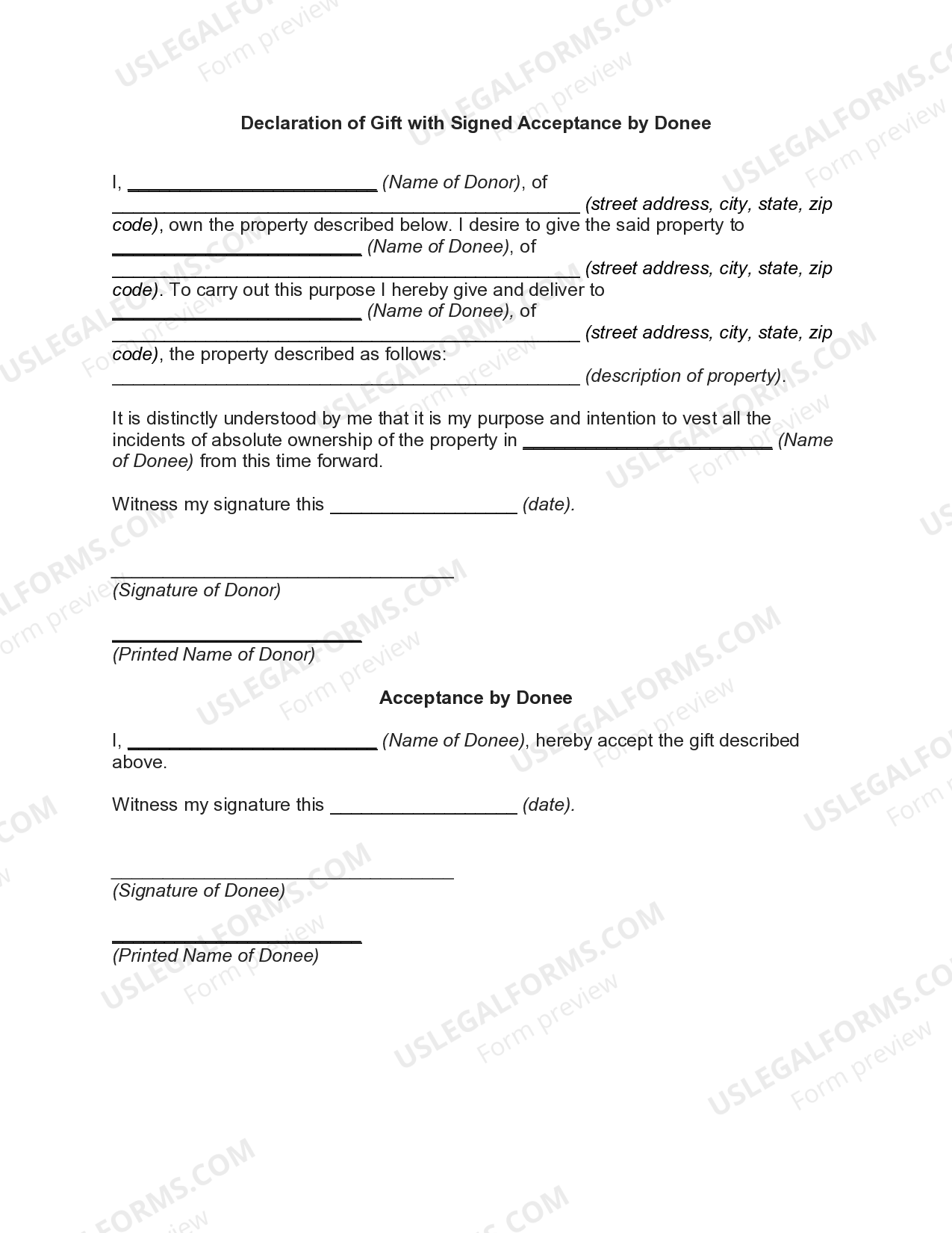 Montana Declaration of Gift with Signed Acceptance by Donee | US Legal ...