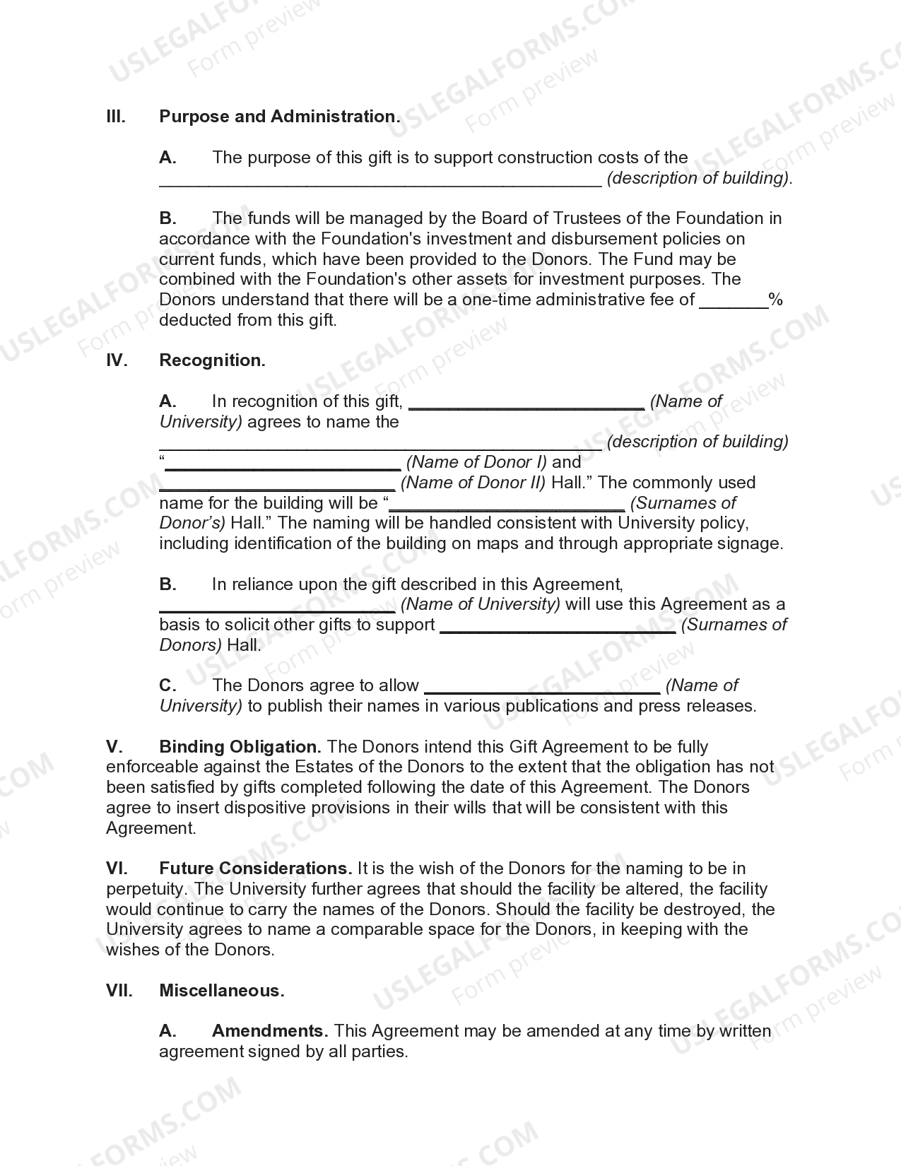 South Dakota Gift Agreement Between Donors and University Foundation ...
