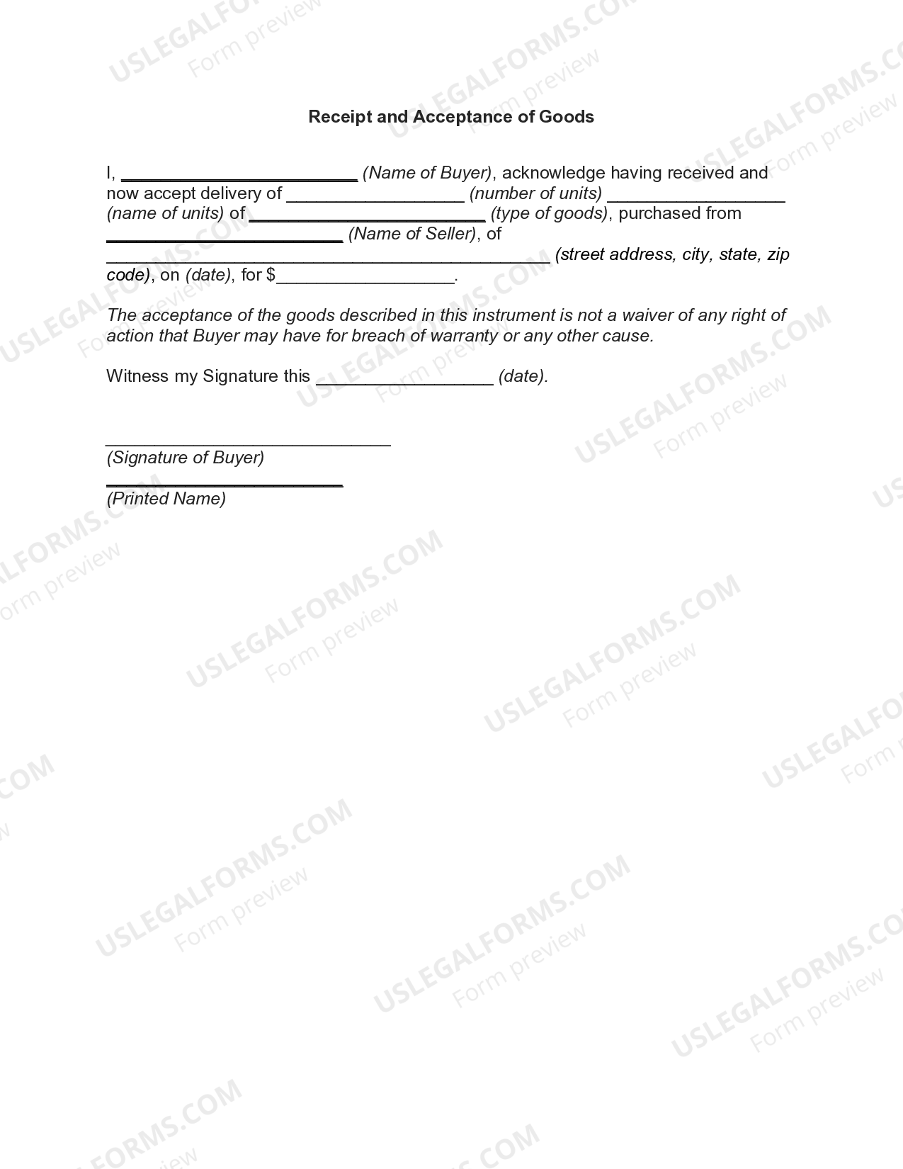 Montana Receipt and Acceptance of Goods | US Legal Forms