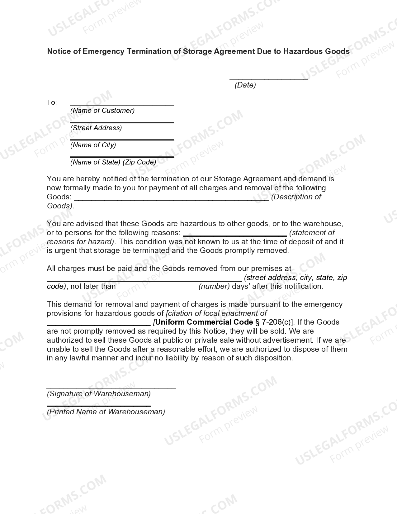 Utah Notice of Emergency Termination of Storage Agreement Due to ...