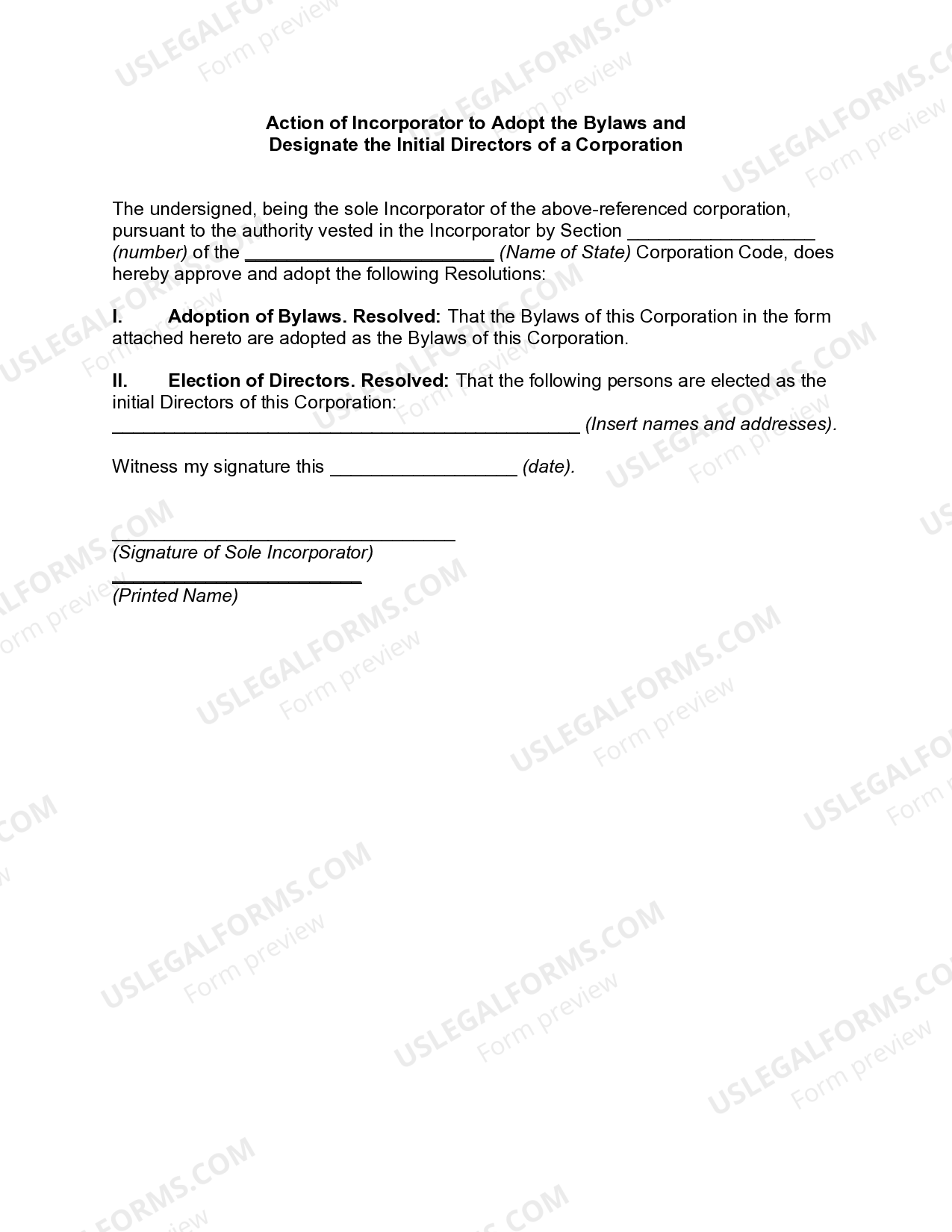 Louisiana Action of Incorporator to Adopt the Bylaws and Designate the ...
