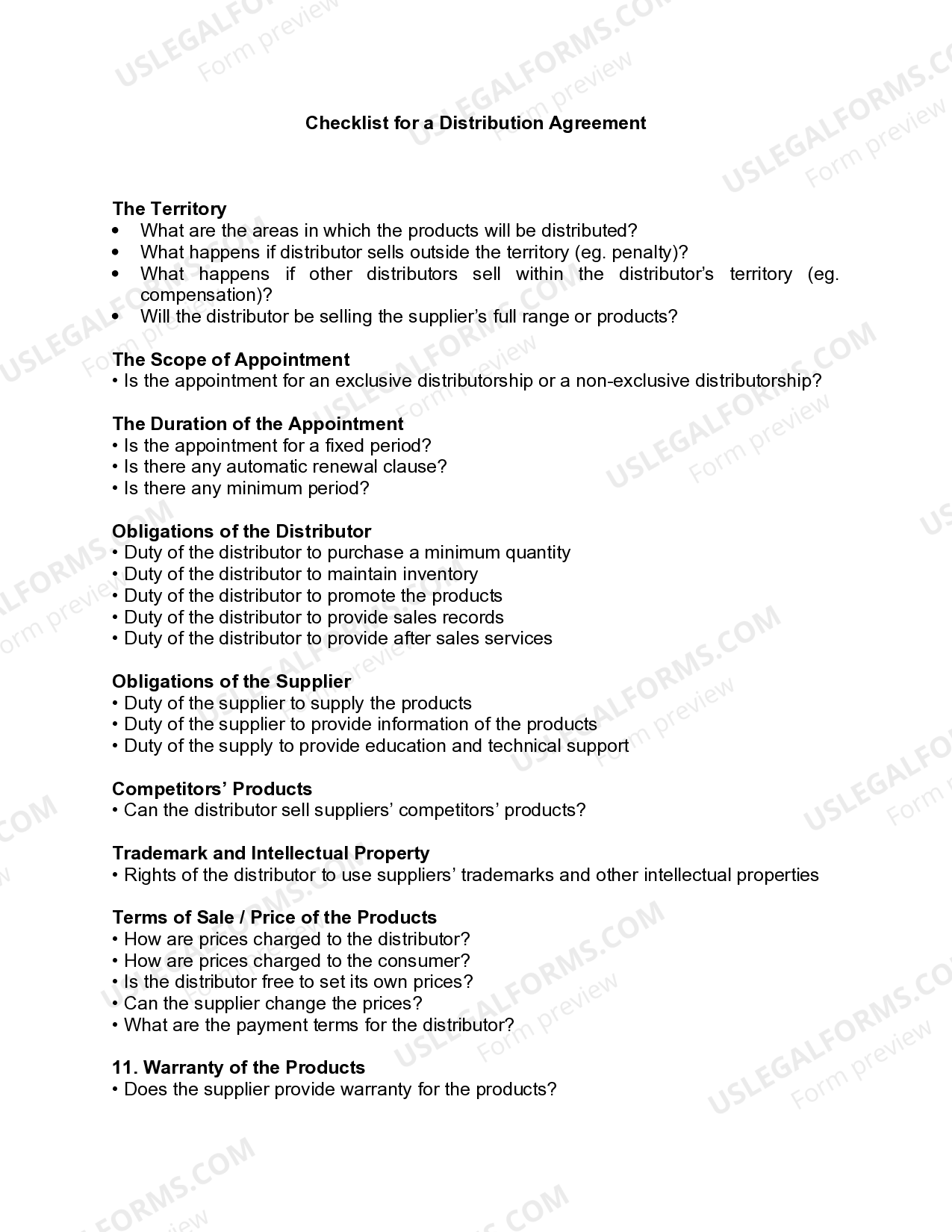 Arizona Checklist for a Distribution Agreement | US Legal Forms