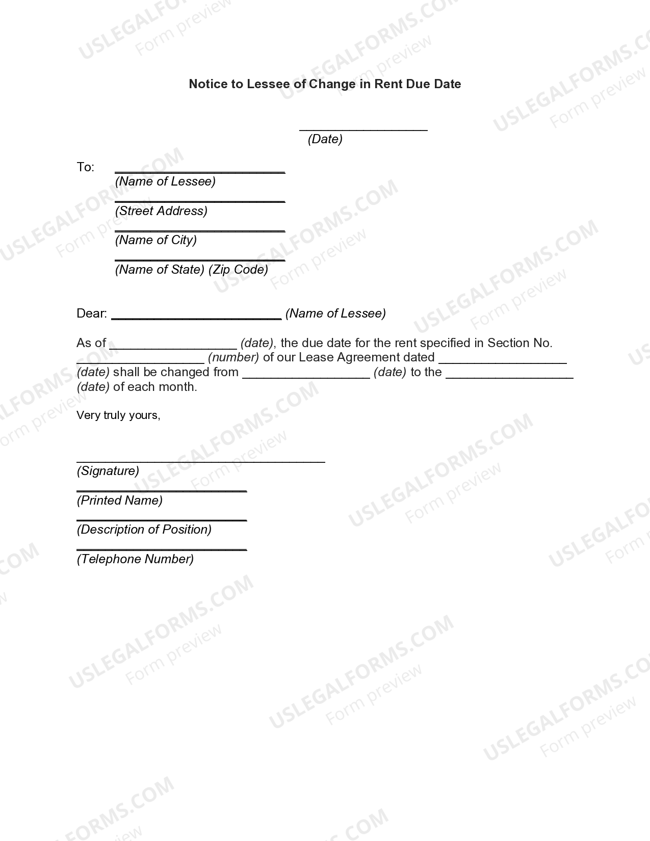 Montana Notice to Lessee of Change in Rent Due Date - Change Rent Date ...