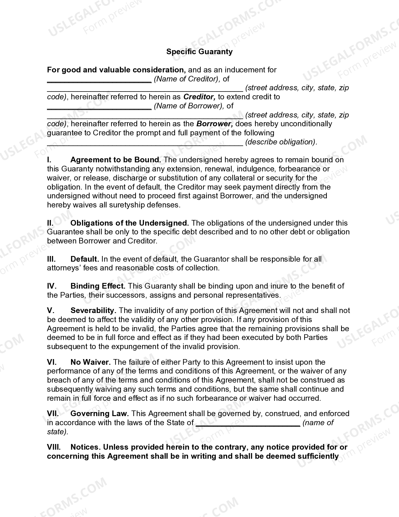 Specific Guaranty | US Legal Forms