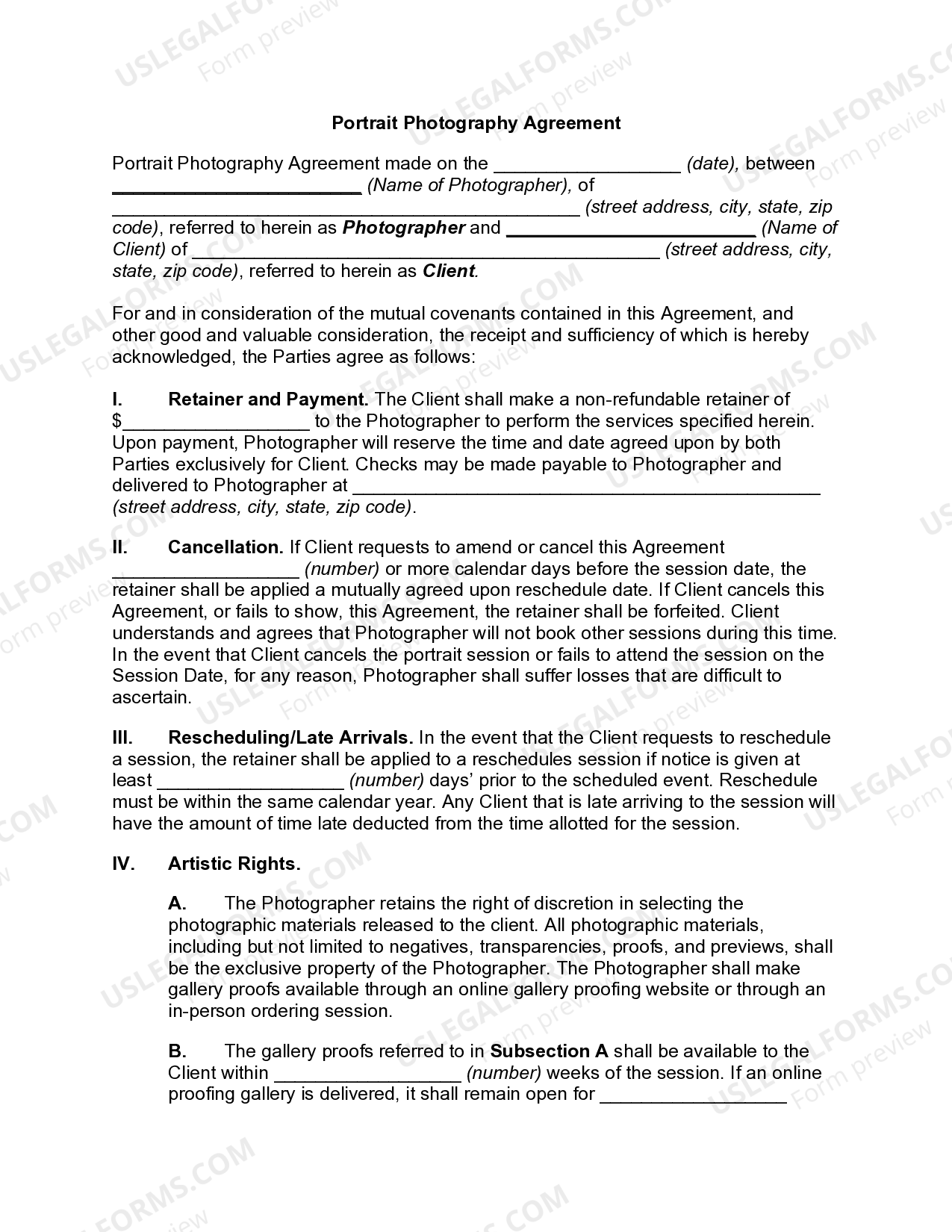 Portrait Photography Agreement | US Legal Forms