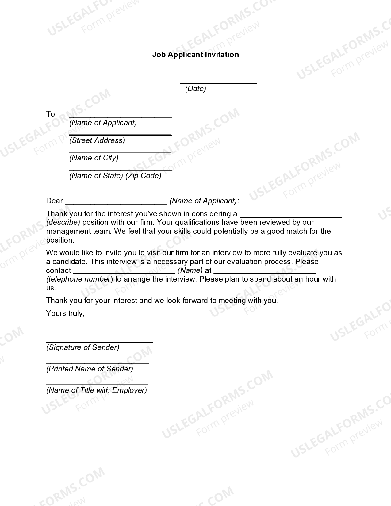 Texas Job Applicant Invitation | US Legal Forms