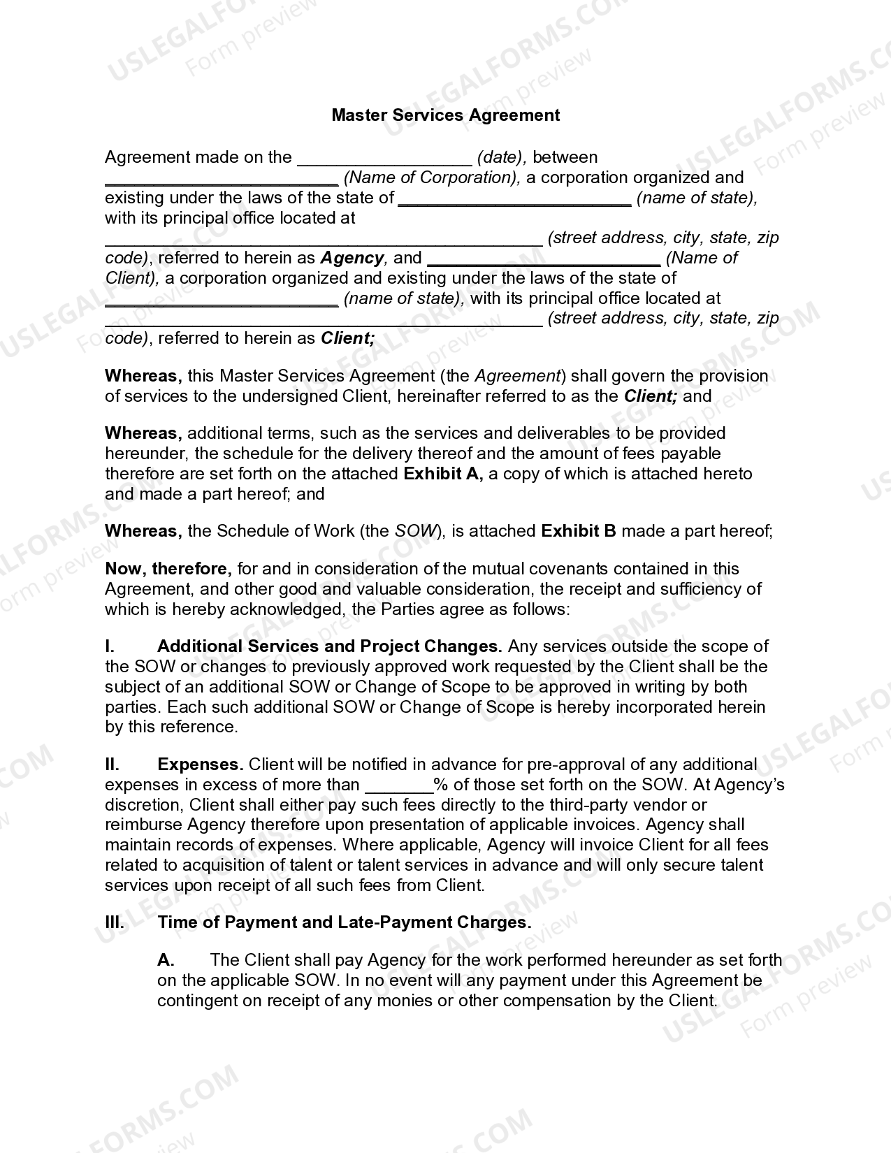 Master Services Agreement | US Legal Forms
